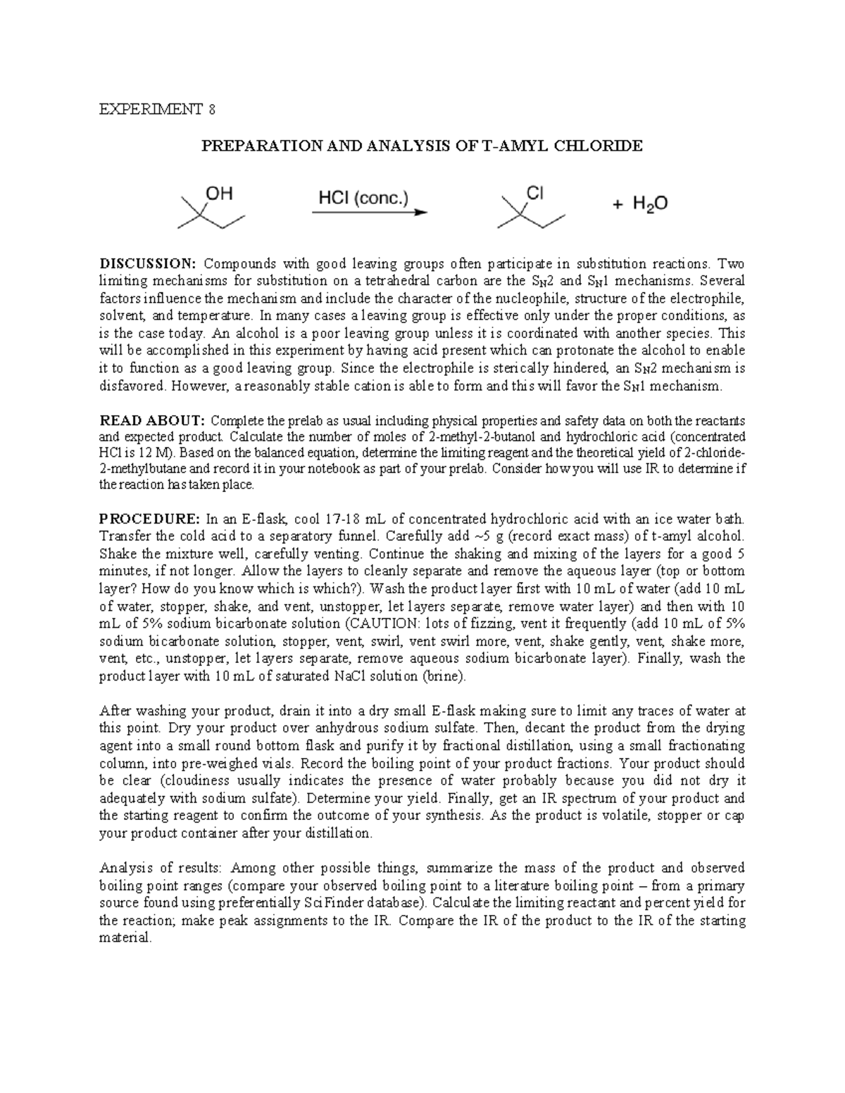 Ex. 8 - Synthesis of t-Amyl Chloride (2020) - EXPERIMENT 8 PREPARATION ...