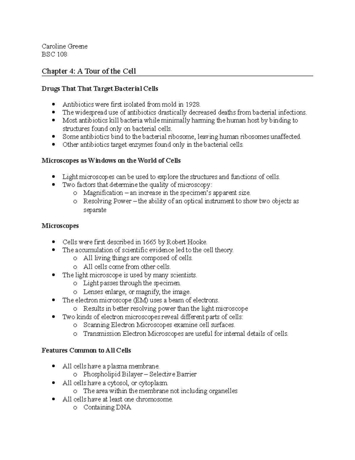 Chapter 4 - A Tour of the Cell - Caroline Greene BSC 108 Chapter 4: A ...