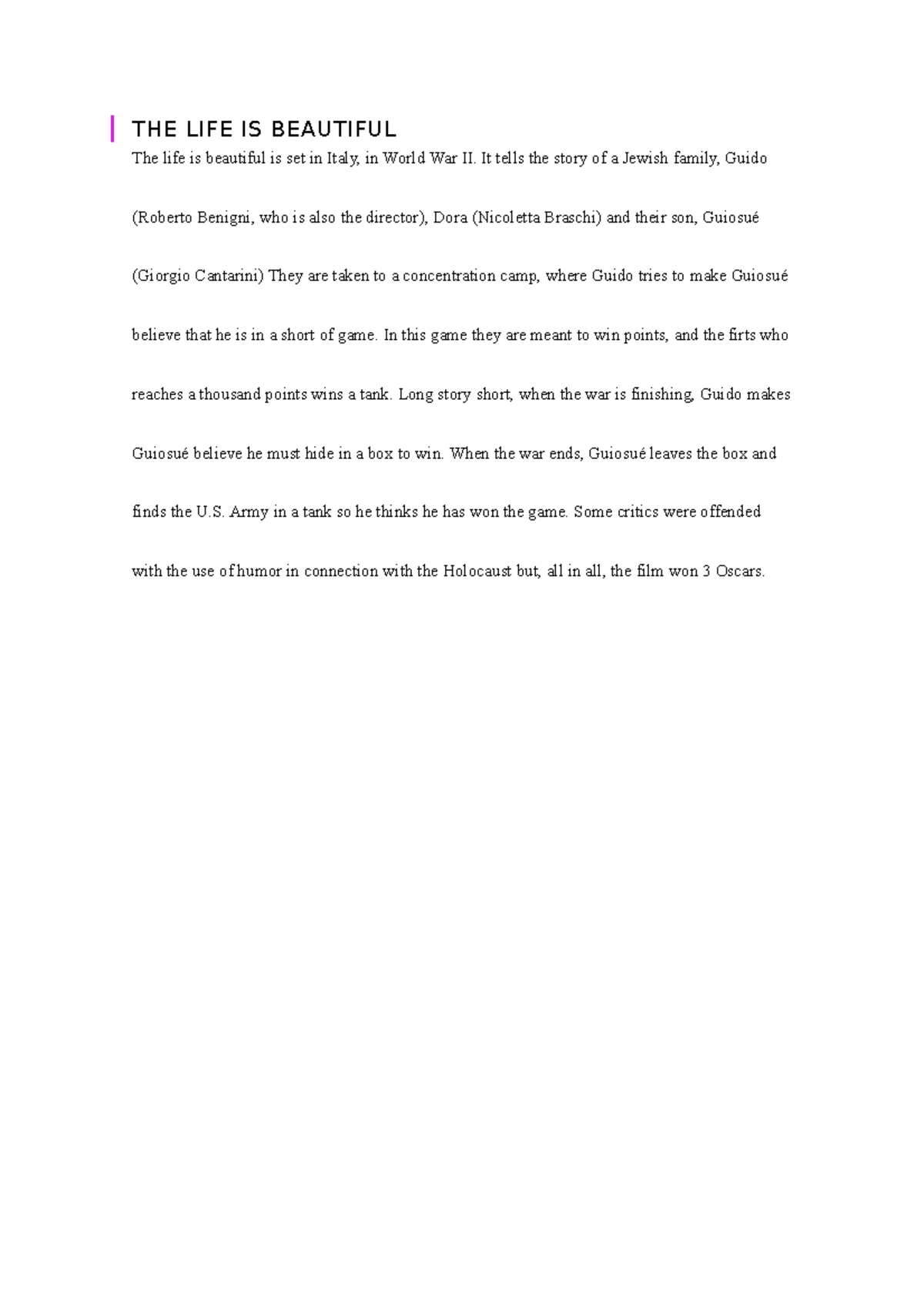 FILM - description of a film - THE LIFE IS BEAUTIFULThe life is ...