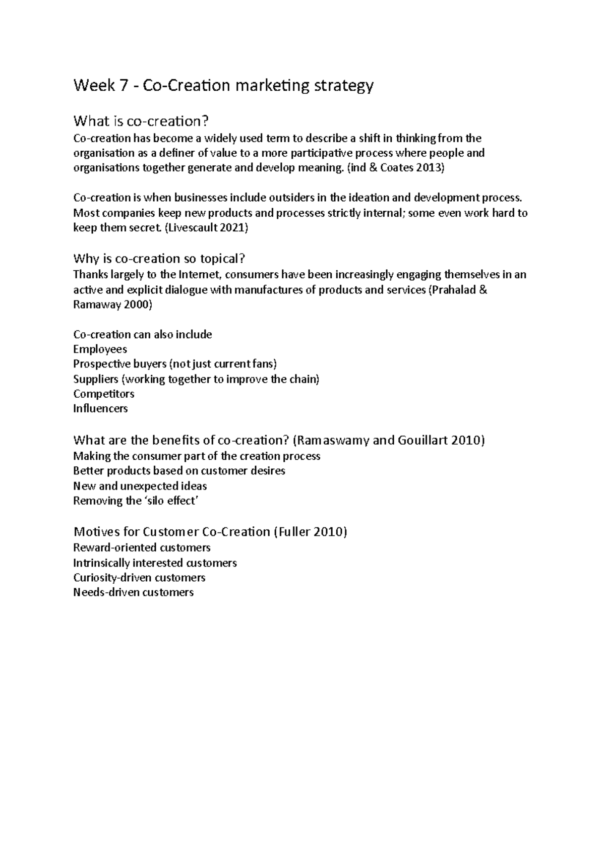 Week 7 - co-creation - lecture notes - Week 7 - Co-Creation marketing ...