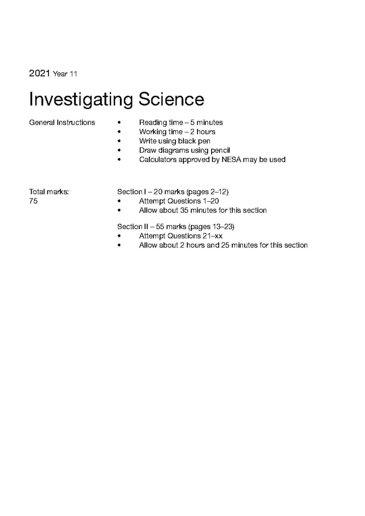 Investigting science exam - 2021 Year 11 Investigating Science General ...