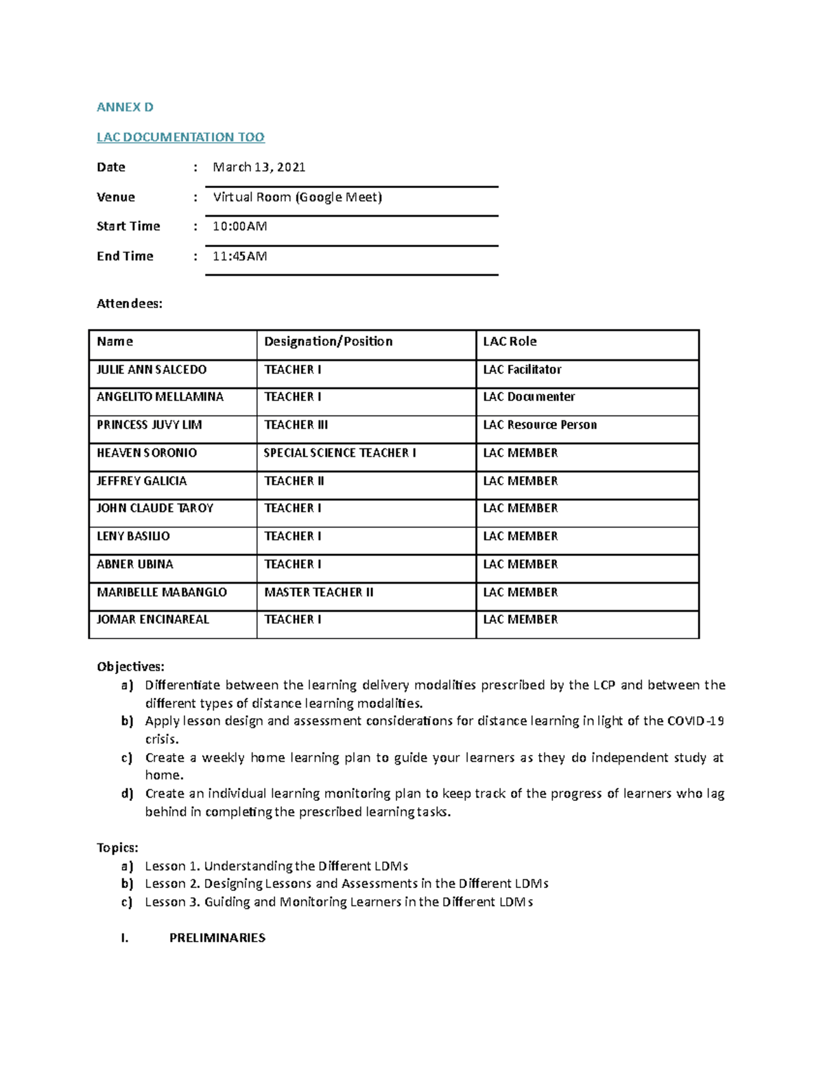 Minutes- Module 3A - Lecture notes 1 - ANNEX D LAC DOCUMENTATION TOO ...