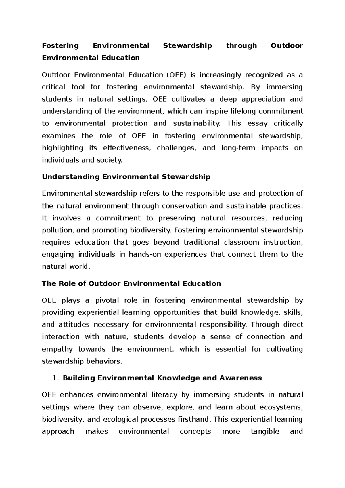 Fostering Environmental Stewardship through Outdoor Environmental ...