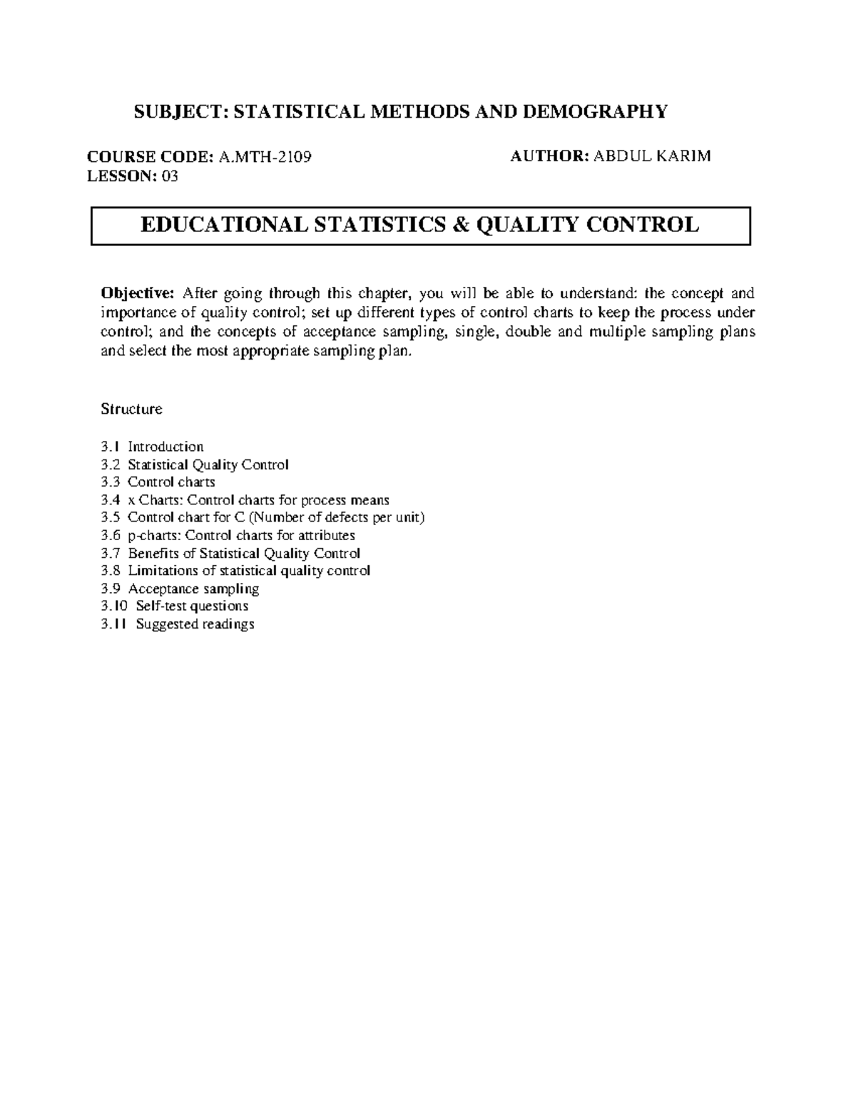 Quality Control - This is the book - COURSE CODE: A- LESSON: 03 AUTHOR ...