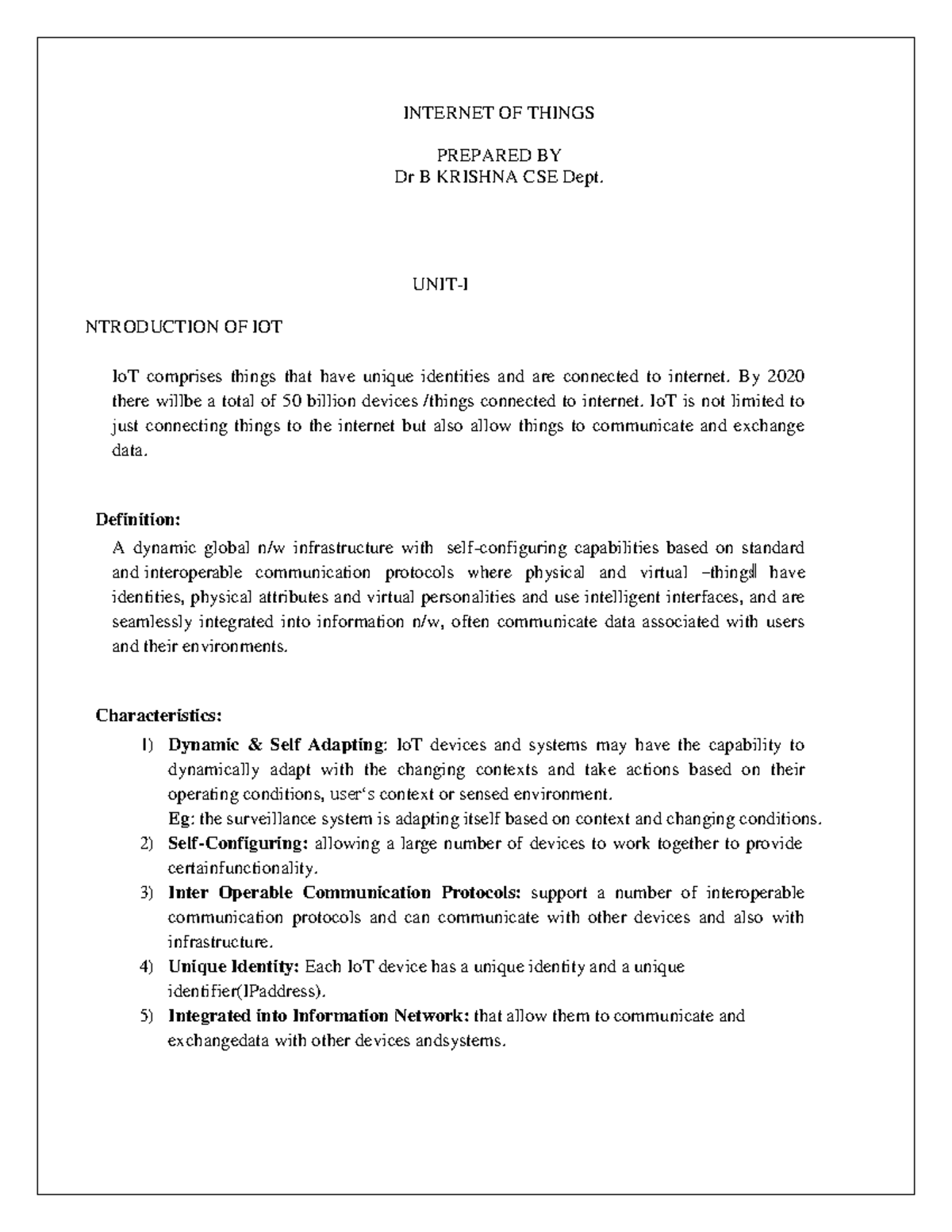 IOT UNIT 1 & 2 - otvbjhbj - INTERNET OF THINGS PREPARED BY Dr B KRISHNA CSE Dept. UNIT-I ...