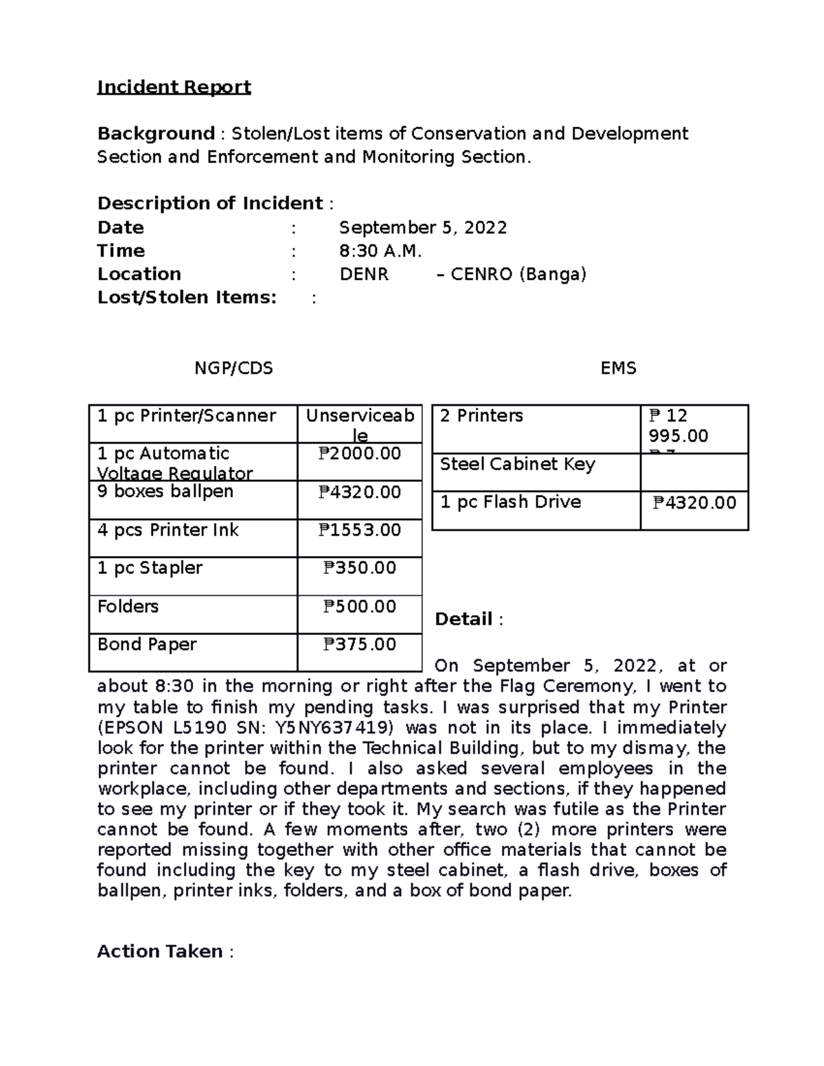 Incident report - Incident Report Background : Stolen/Lost items of ...
