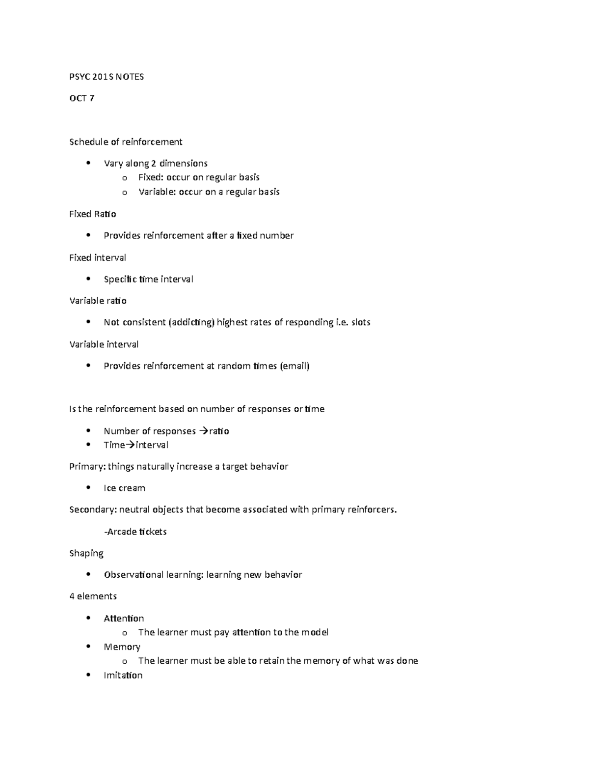 PSYC 201 S Notes oct 7 - Schedule of reinforcement, fixed ratio, fixed ...