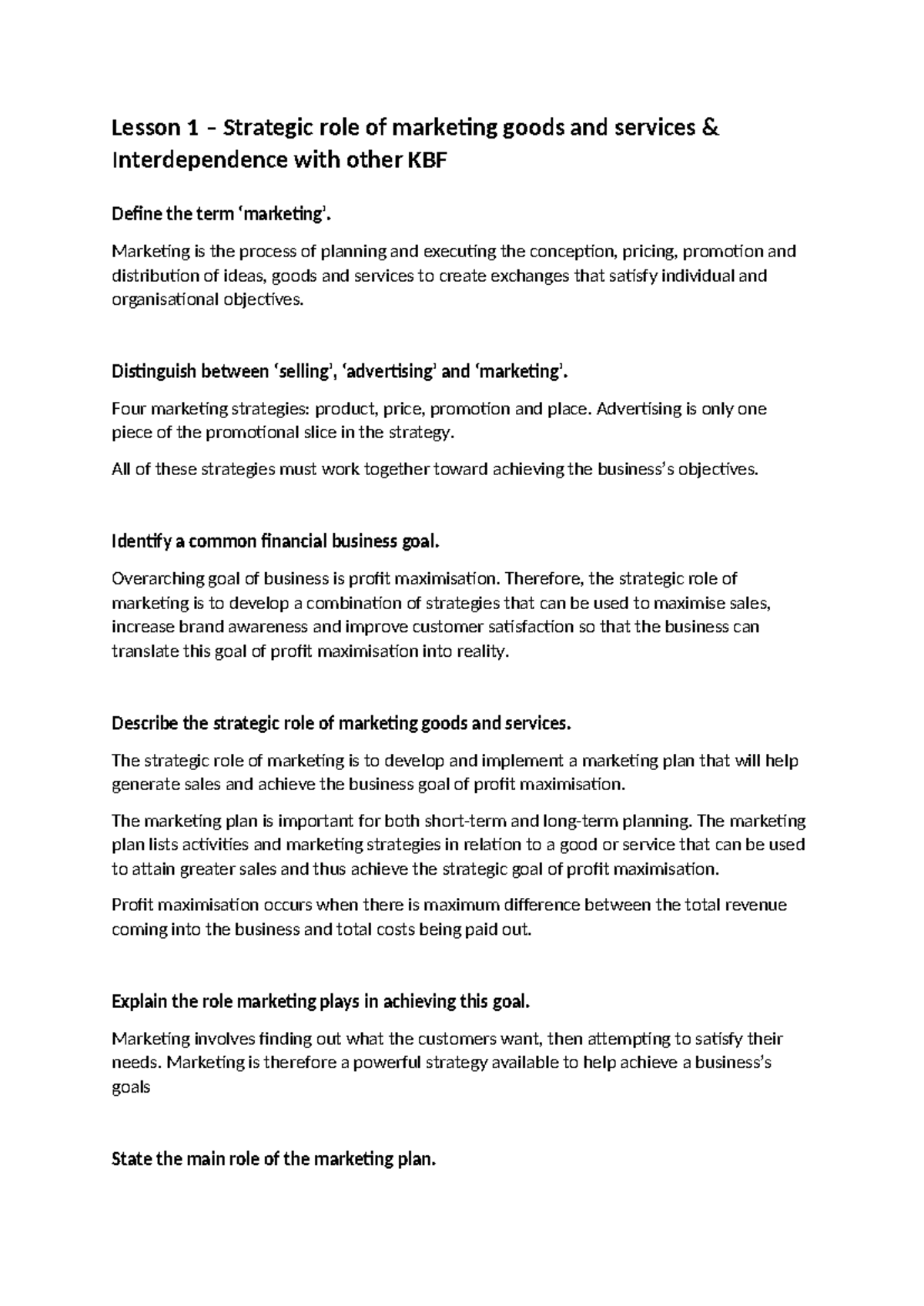 1. Strategic role of marketing goods & services and interdependence ...