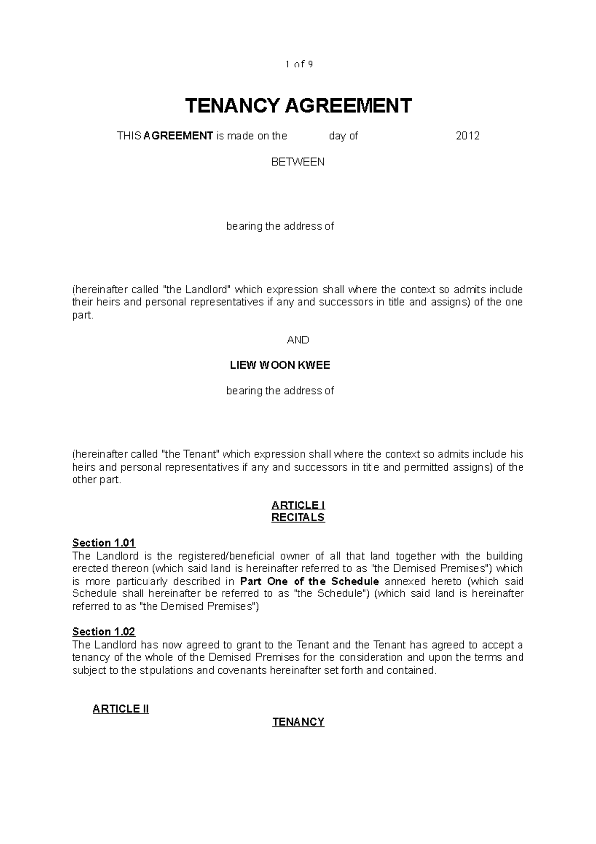 Tenancy Agreement sample - TENANCY AGREEMENT THIS AGREEMENT is made on ...