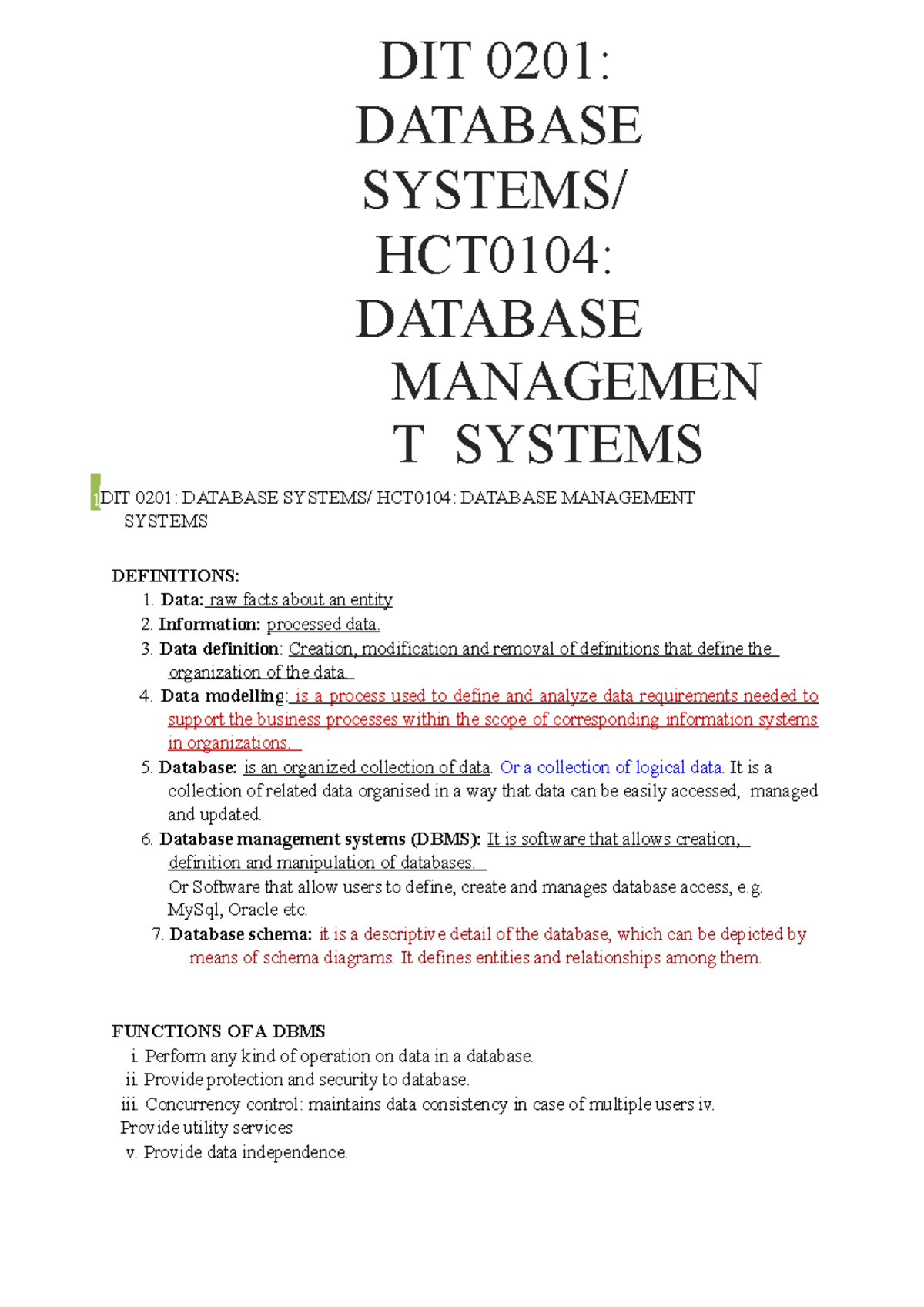 DIT 0201-HCT0104-Database Notes - DIT 0201: DATABASE SYSTEMS/ HCT0104 ...