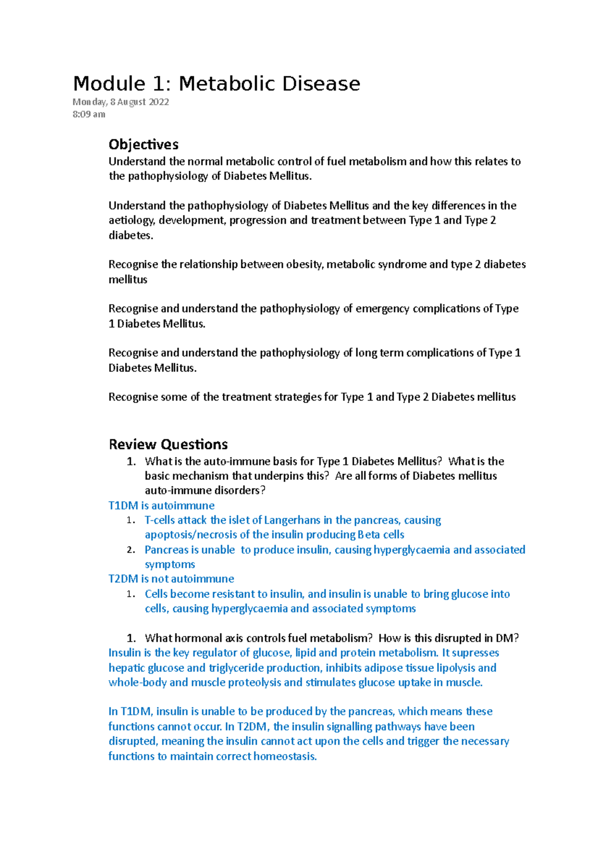Module 1 Metabolic Disease - Module 1: Metabolic Disease Monday, 8 ...