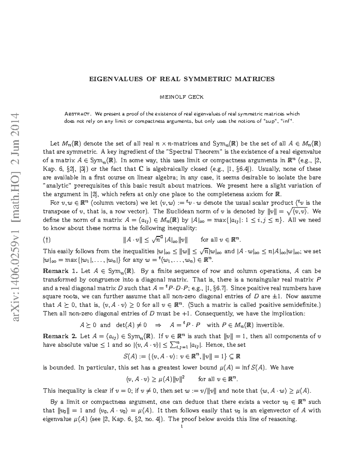 1406 - Cours - arXiv:1406 [math] 2 Jun 2014 EIGENVALUES OF REAL SYMMETRIC MATRICES MEINOLF GECK ...