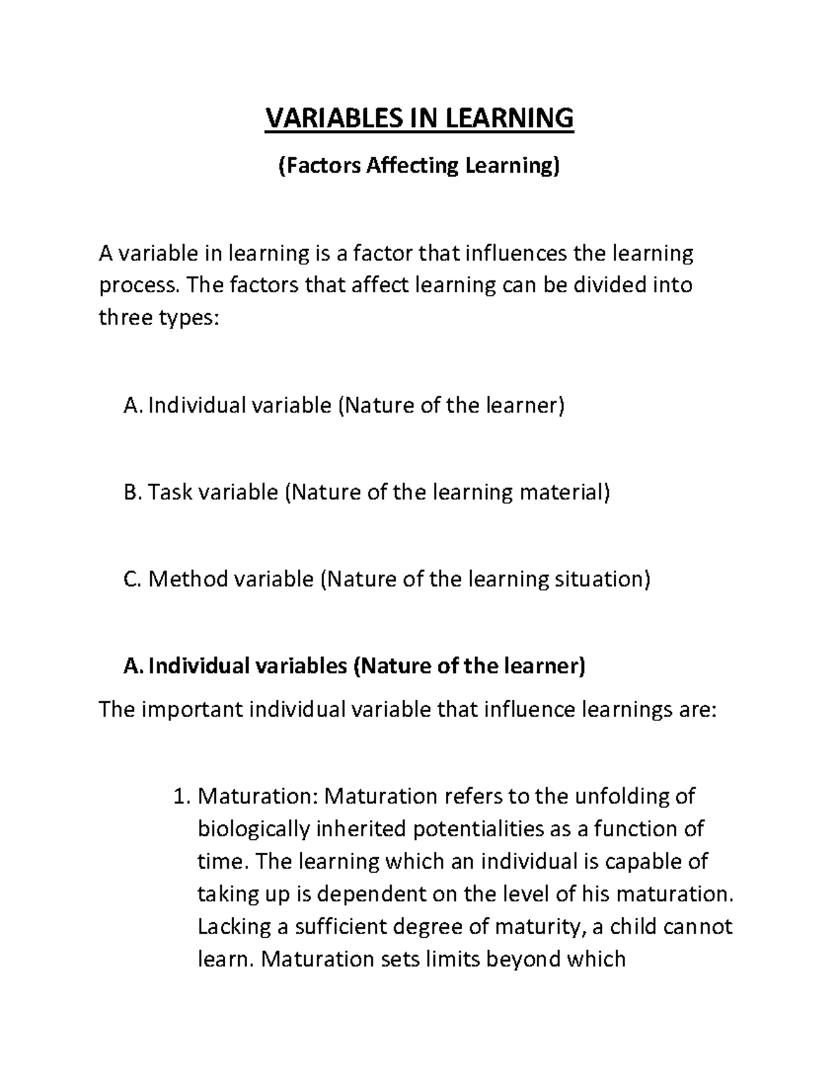 Variables IN Learning - VARIABLES IN LEARNING (Factors Affecting Learning) A variable in ...