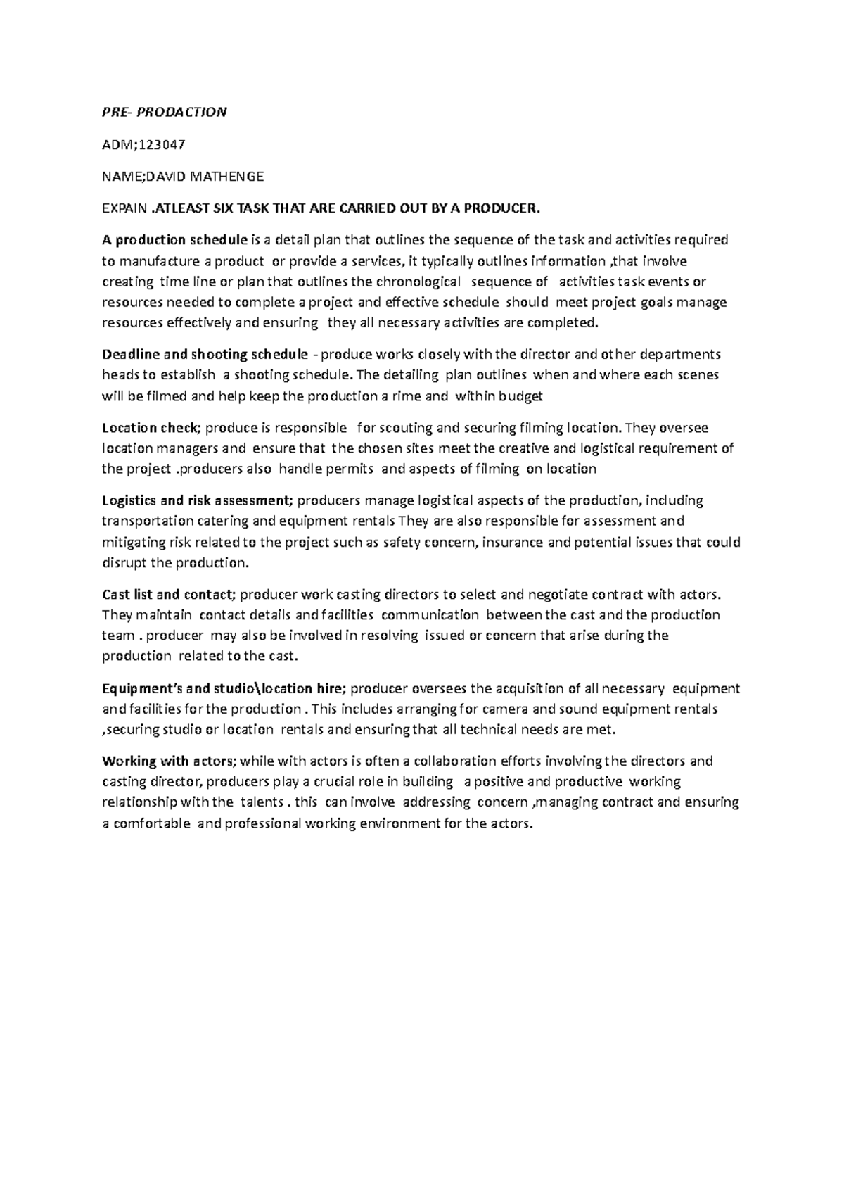 Mathenge - Summary Diploma in ict - PRE- PRODACTION ADM; NAME;DAVID ...