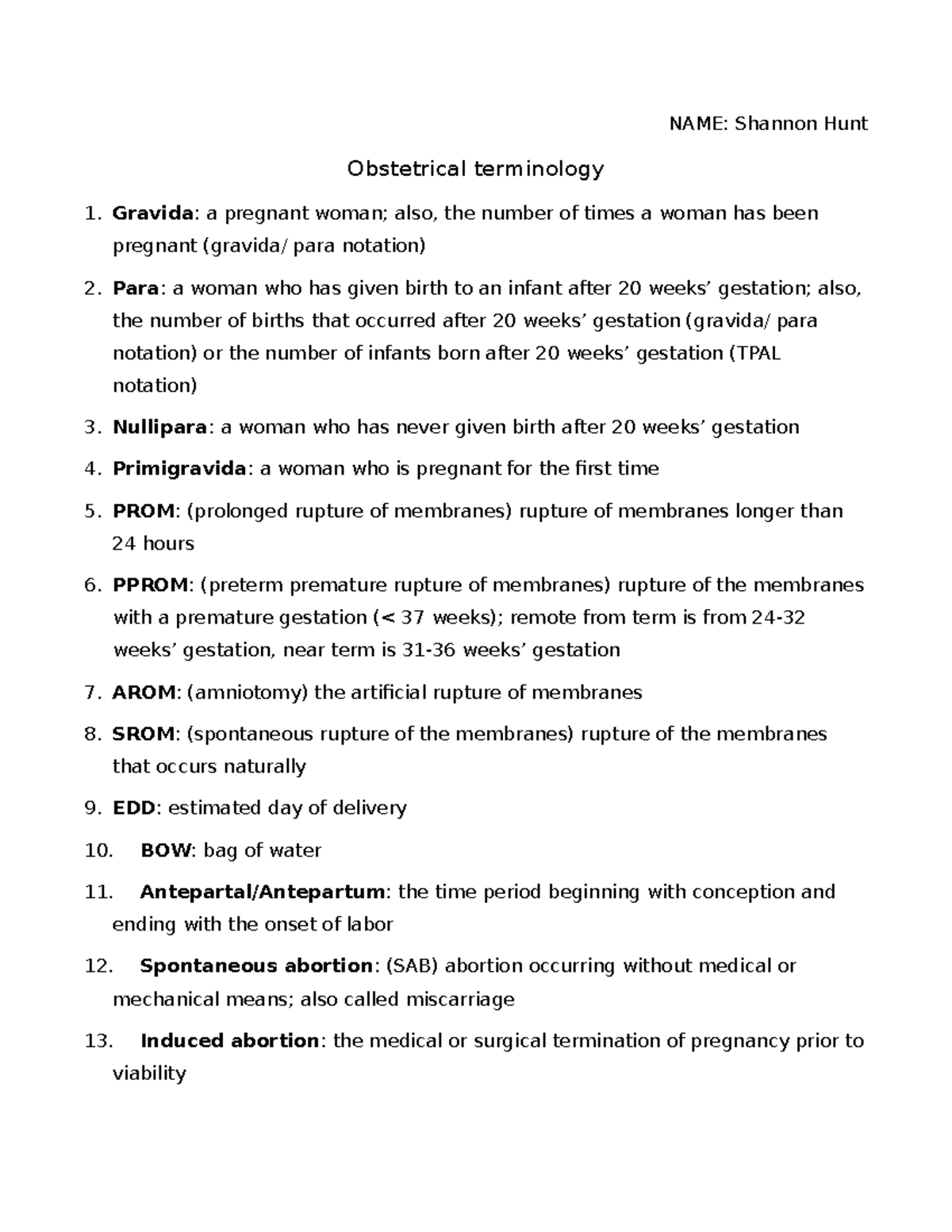 Obstetrical Terminology Worksheet - NAME: Shannon Hunt Obstetrical ...