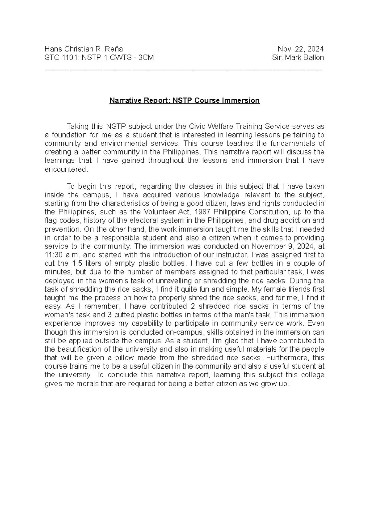Narrative Report Rena - Hans Christian R. Reña Nov. 22, 2024 STC 1101 ...