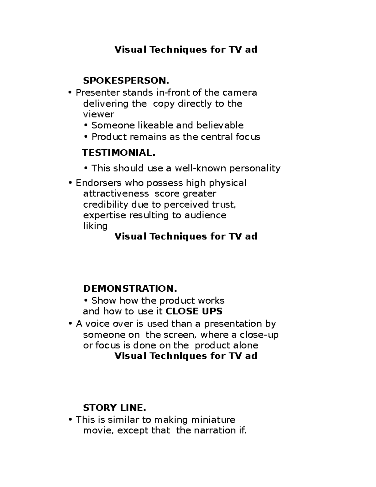 Visual Techniques for TV ad - Visual Techniques for TV ad SPOKESPERSON ...