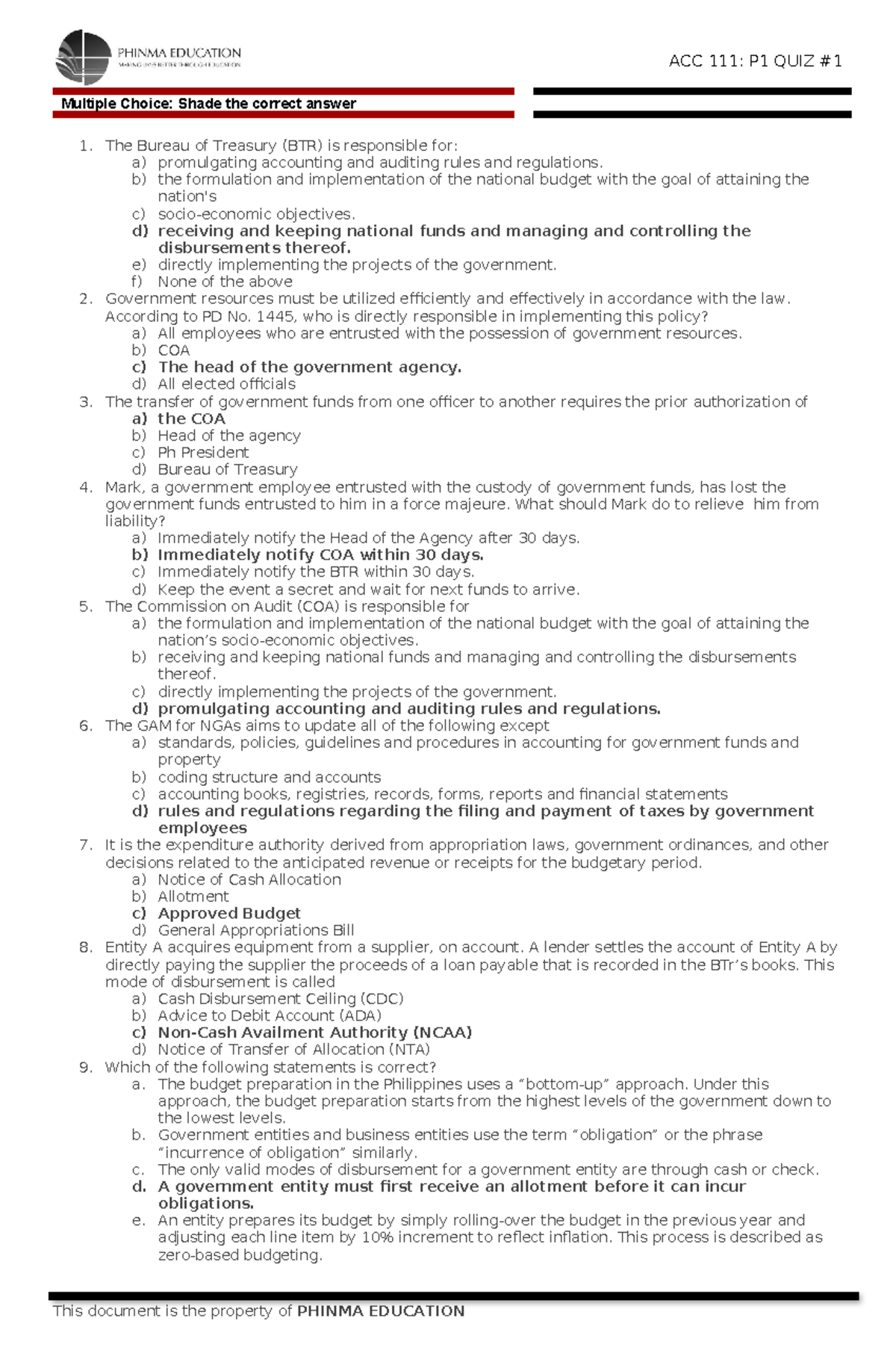 ACC 111 P1Q1 ANS KEY - Reviewer - Multiple Choice: Shade the correct ...