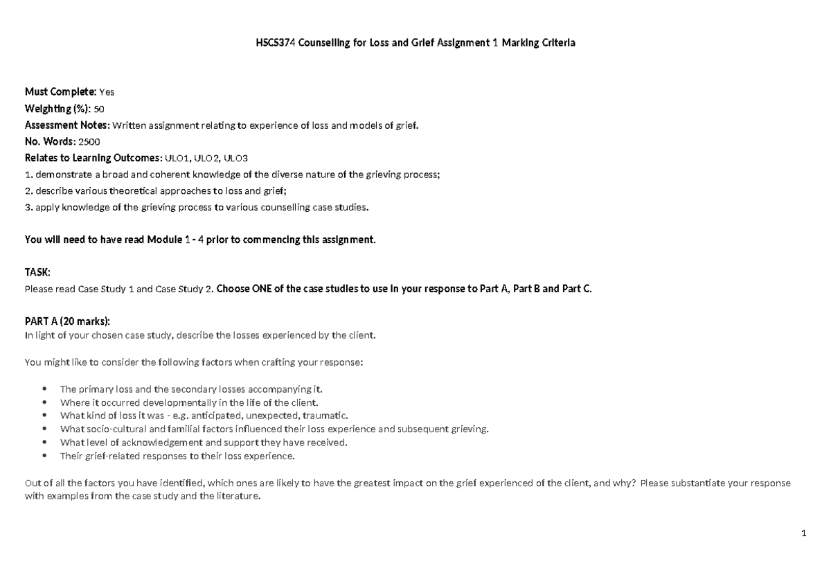 HSCS 374 Assignment 1 marking criteria - HSCS374 Counselling for Loss and Grief Assignment 1 ...