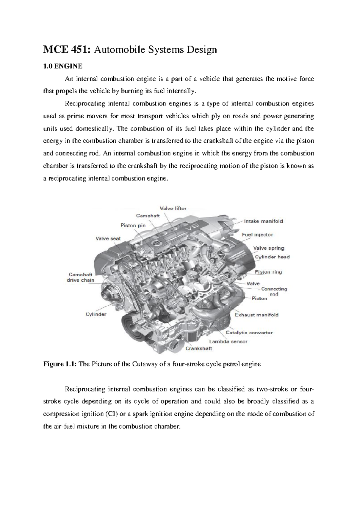 Lecture 1 NEW - MCE 451: Automobile Systems Design 1 ENGINE An internal ...