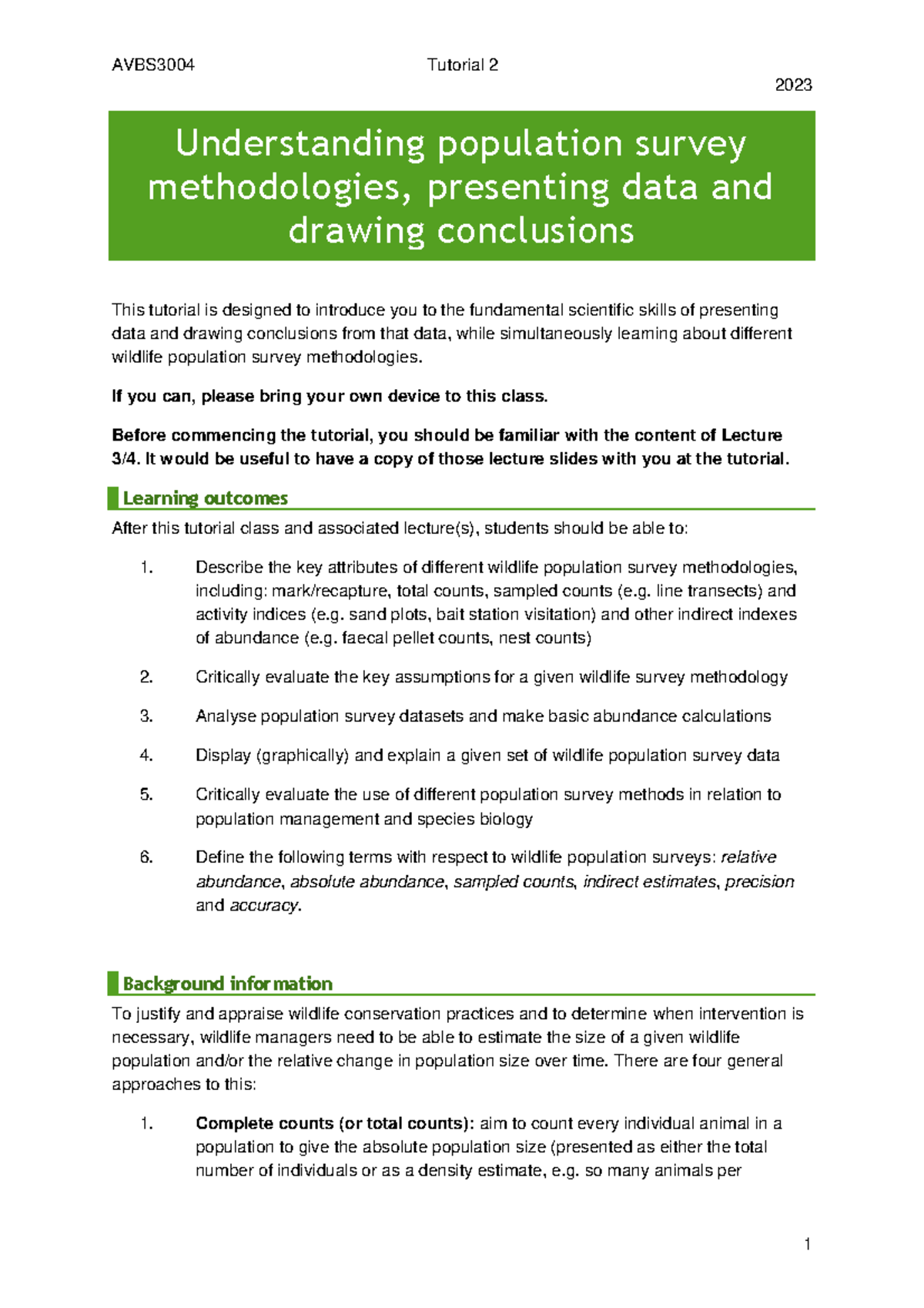Tutorial 2 - 2023 Understanding population survey methodologies ...