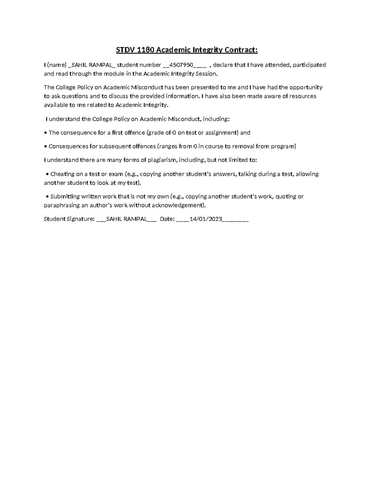 STDV 1180 Academic Integrity Contract - STDV 1180 Academic Integrity ...
