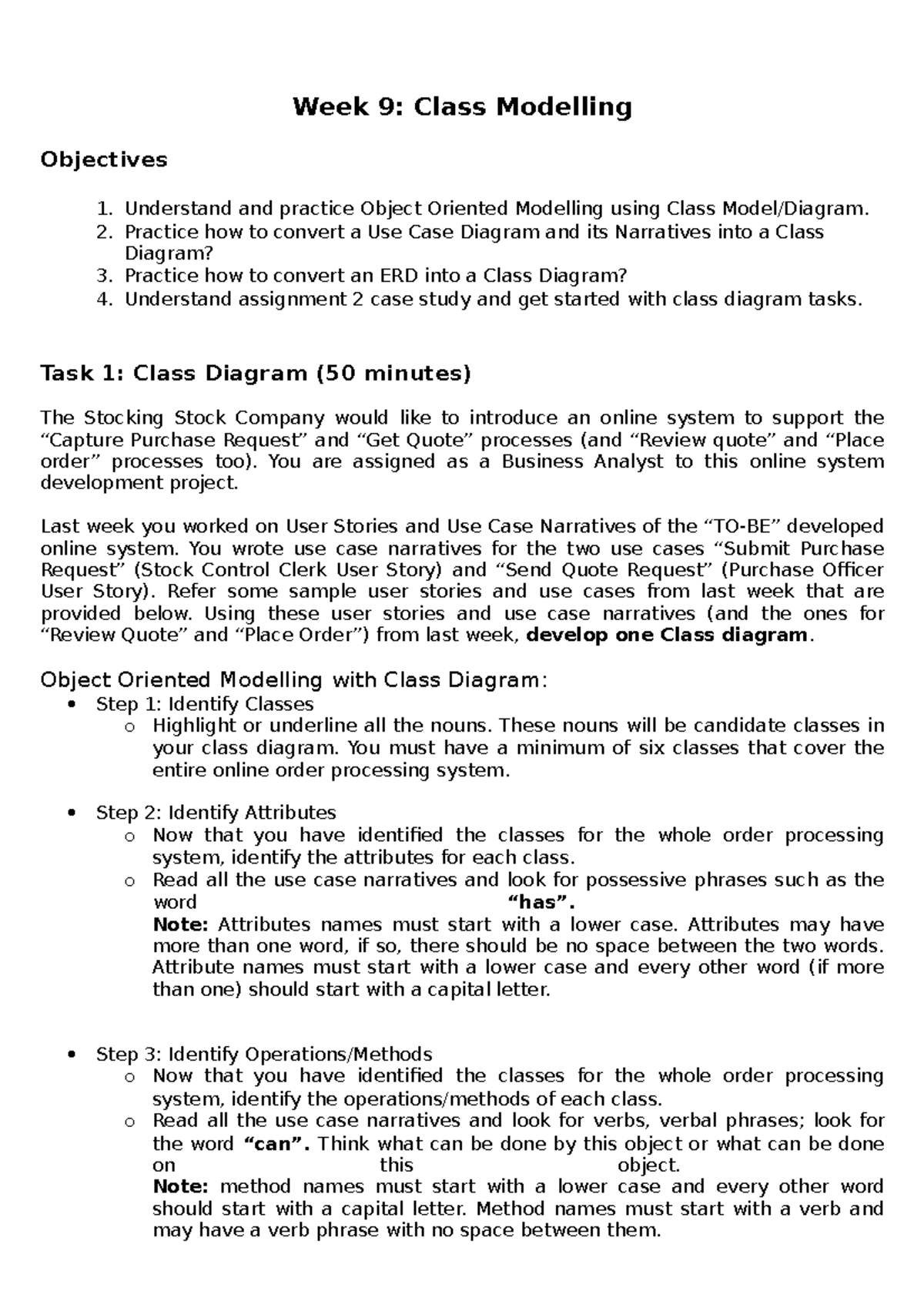 Week 9 Class Modelling - Week 9: Class Modelling Objectives Understand ...