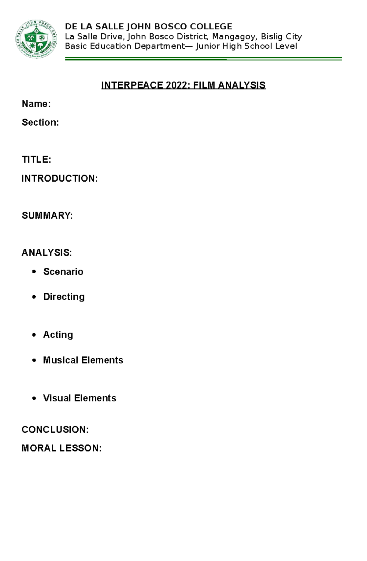 FILM Analysis Final - kljk - DE LA SALLE JOHN BOSCO COLLEGE La Salle ...