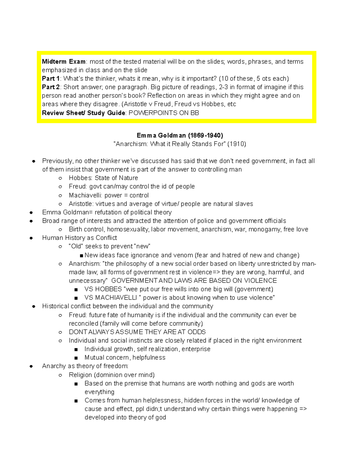 POLI 107 Emma Goldman Class Notes - Midterm Exam: most of the tested ...