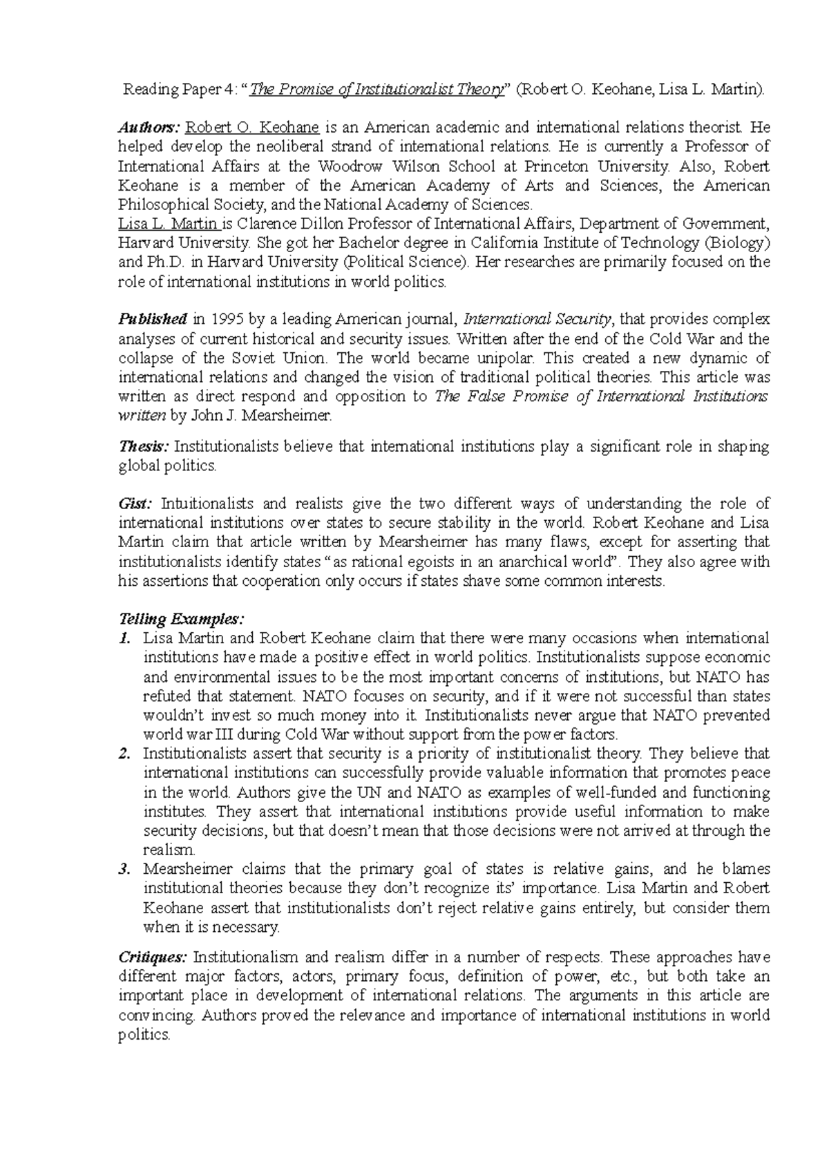 Reading Paper Keohane and Martin - Reading Paper 4: “The Promise of ...