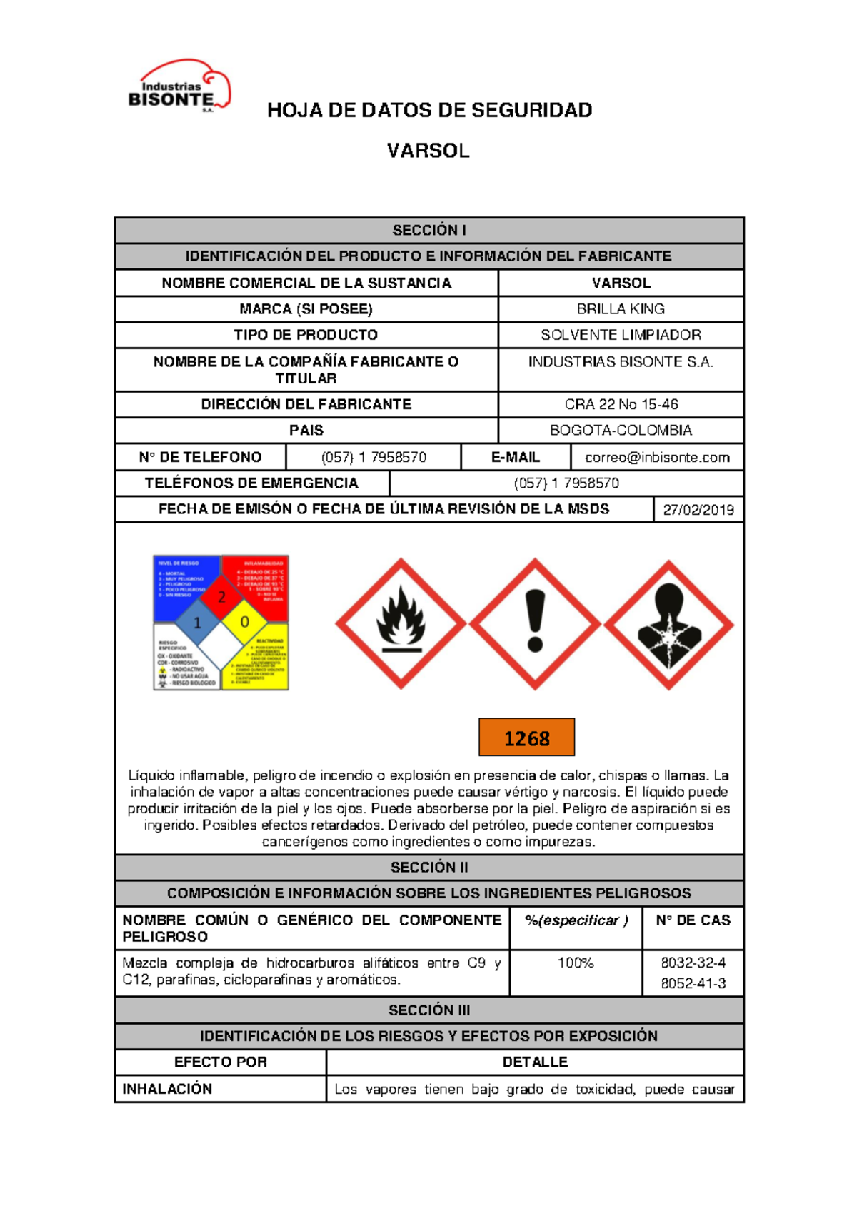 Varsol Brilla KING - Ficha técnica de producto - VARSOL SECCIÓN I ...