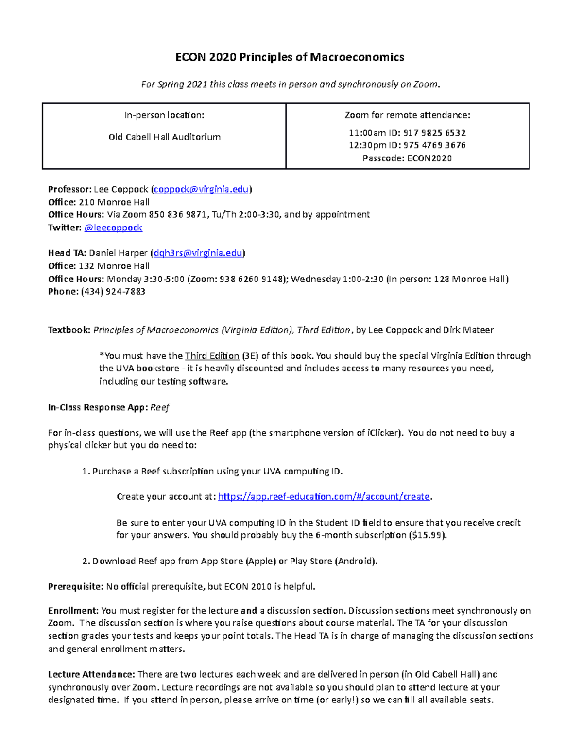 Econ syllabus - ECON 2020 Principles of Macroeconomics For Spring 2021 ...
