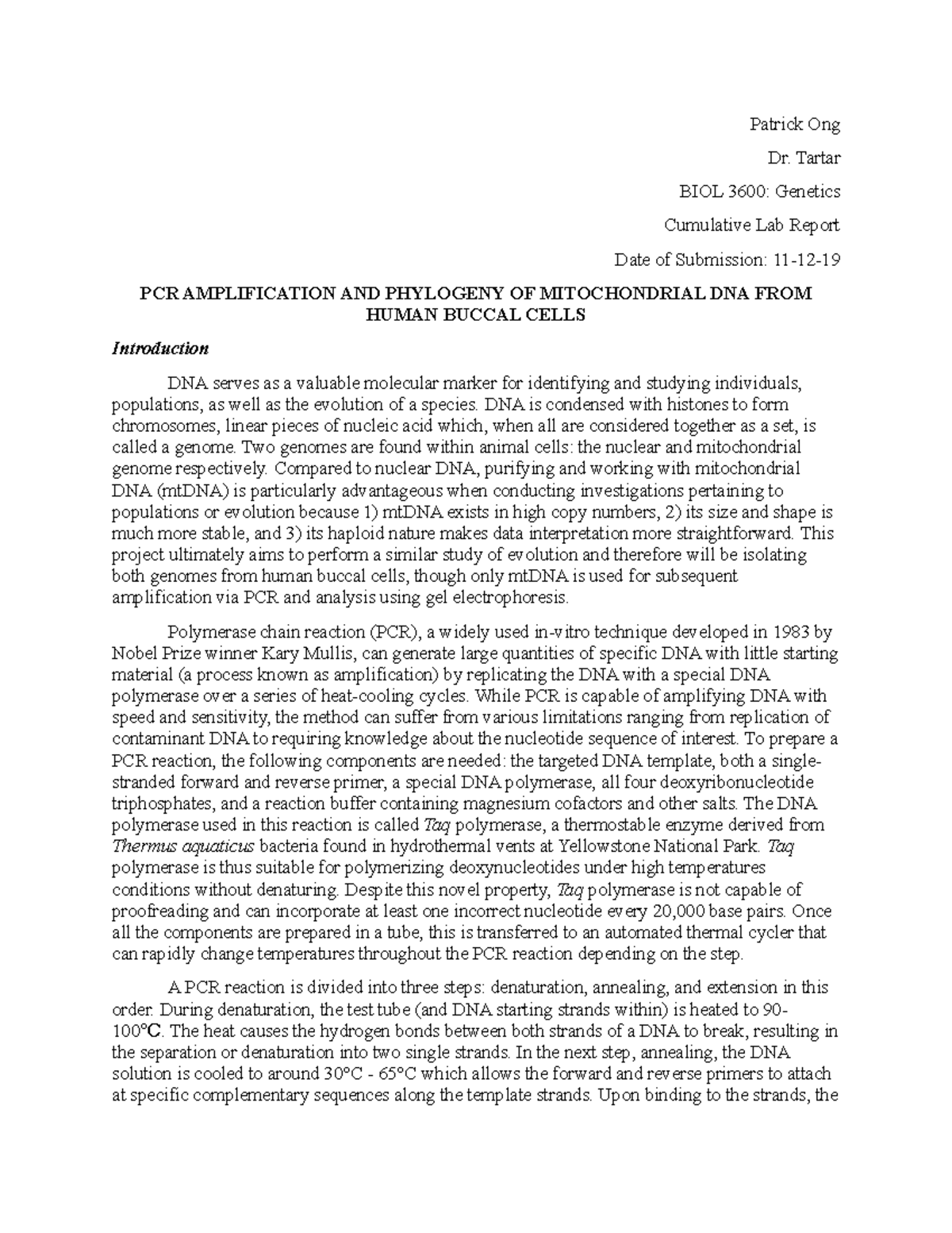 Genetics Final Report - Patrick Ong Dr. Tartar BIOL 3600: Genetics ...