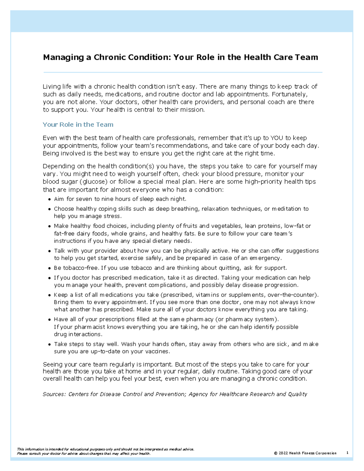 Chronic Conditions Managing a Chronic Condition Role in Care Team ...