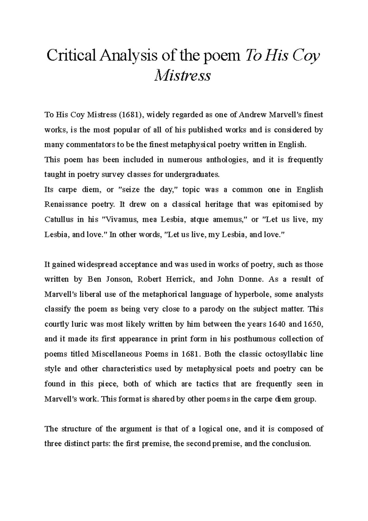 Critical Analysis of the poem To His Coy Mistress - This poem has been ...