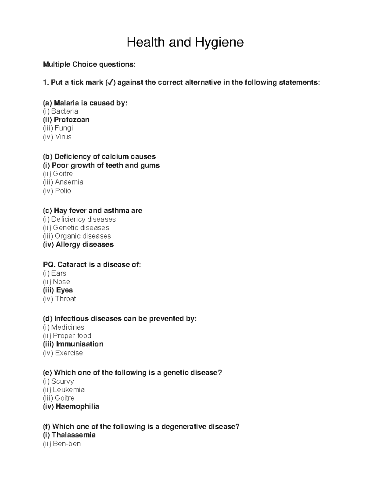 Health and Hygiene - ncertbooksolutions Multiple Choice questions: 1 ...