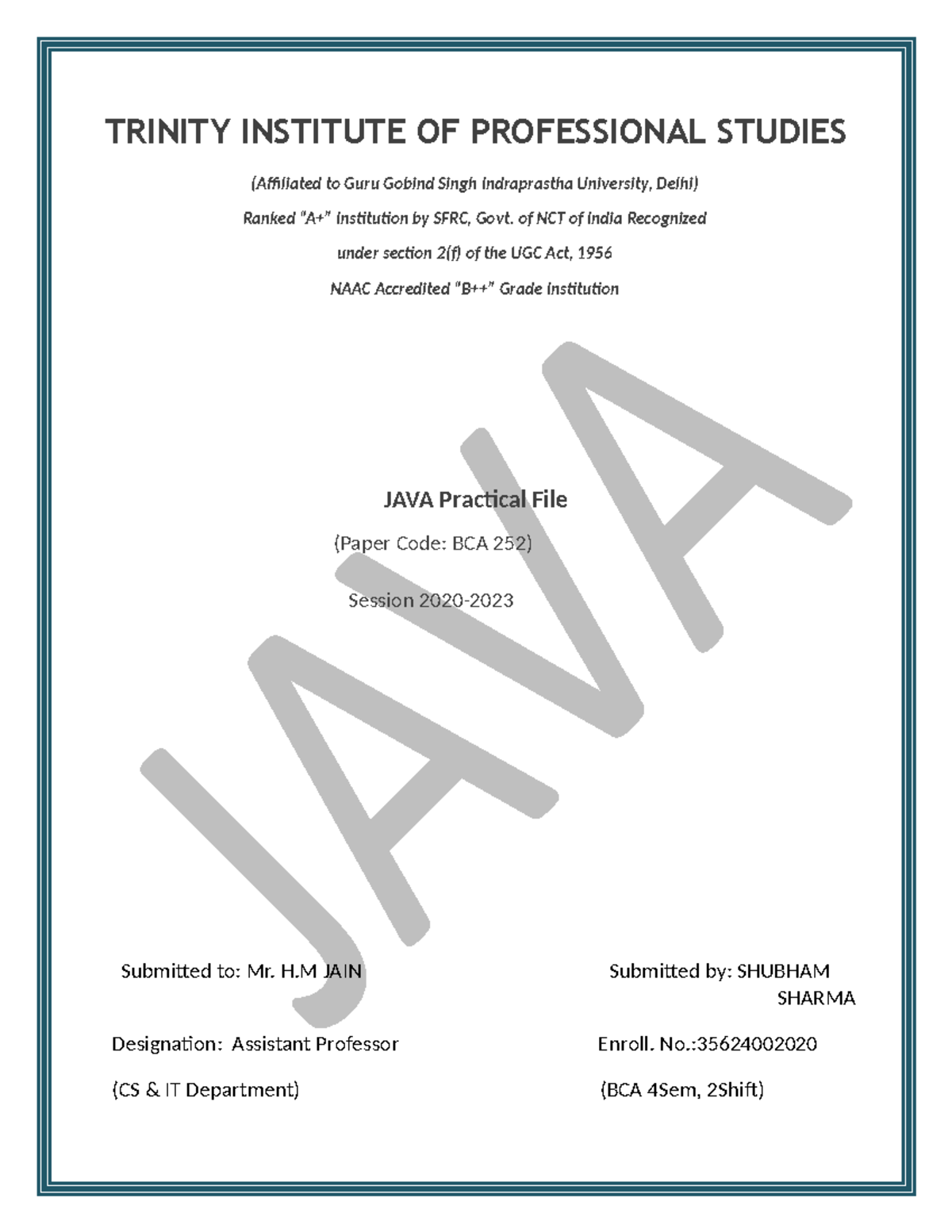 practical file java - TRINITY INSTITUTE OF PROFESSIONAL STUDIES ...