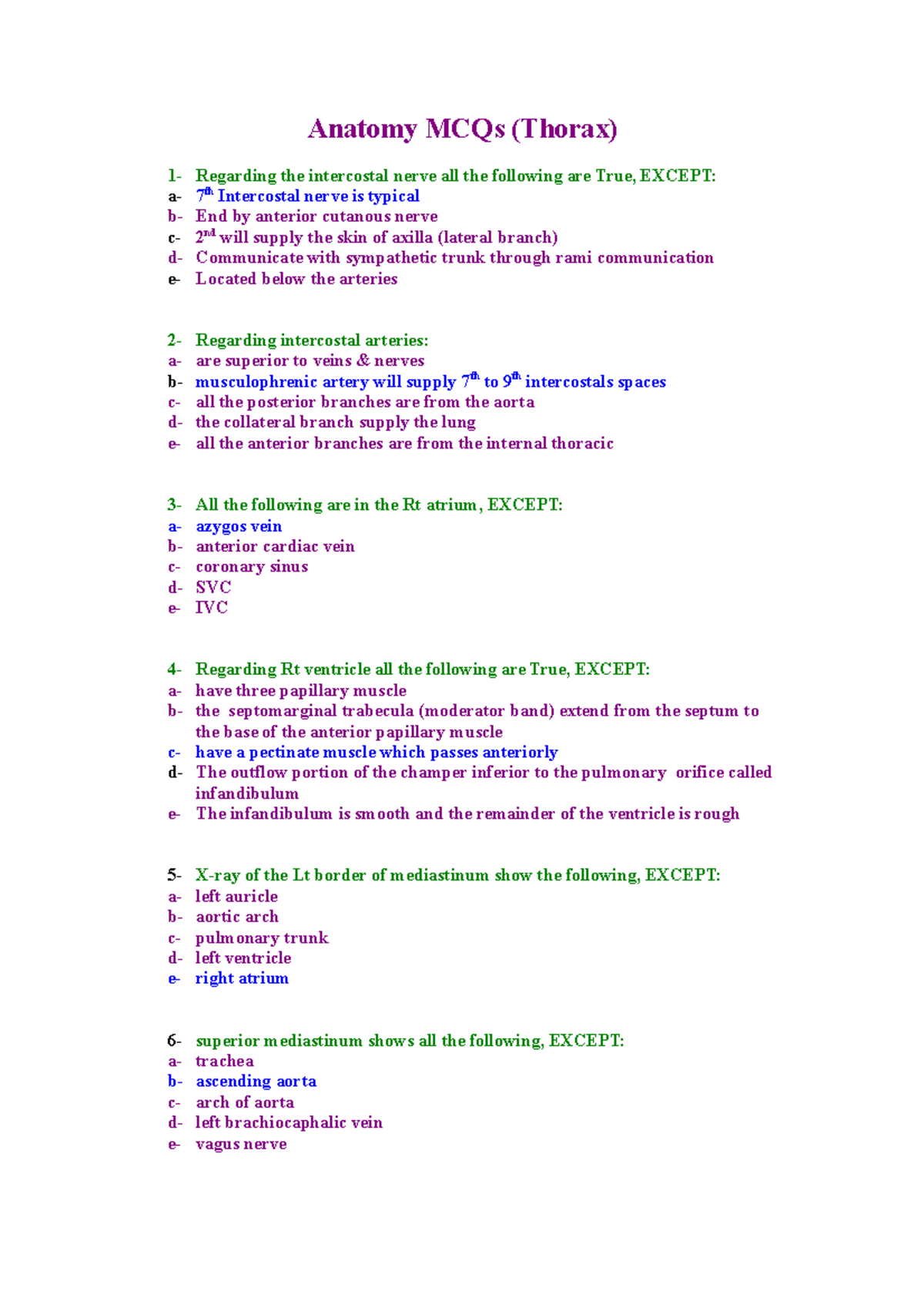 Anatomy MCQs (thorax) - Anatomy MCQs (Thorax) 1- Regarding the ...