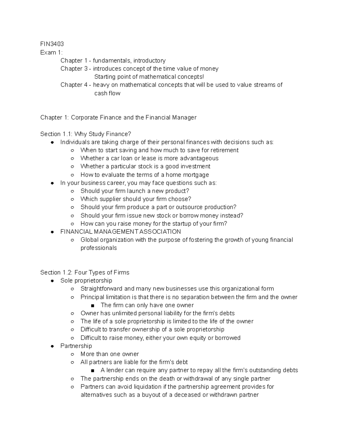 FIN3403 Exam 1 - Comprehensive review of Exam 1 concepts and vocabulary ...