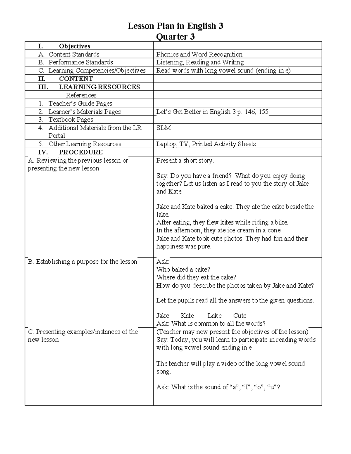 Q3 Lesson Plan in English 3 - Lesson Plan in English 3 Quarter 3 I ...