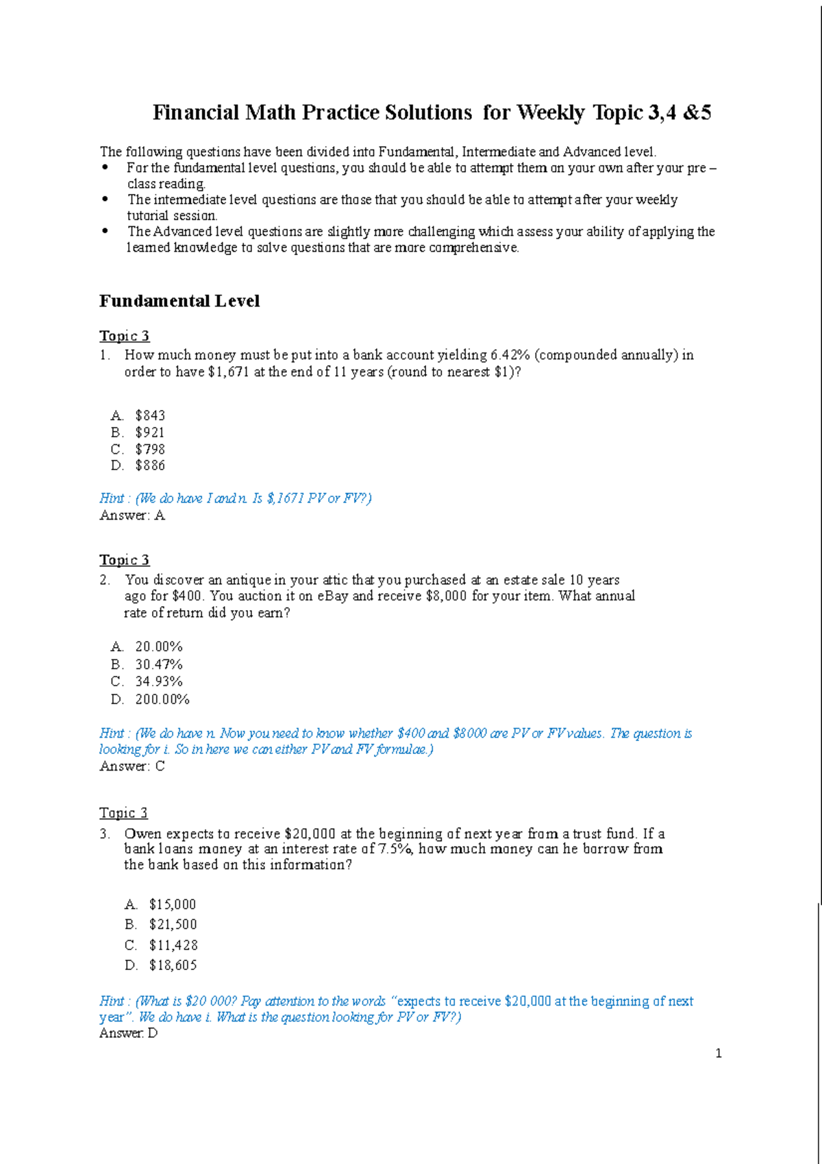 Financial math practice Week 1 to 5 MCQ solutions - Financial Math ...