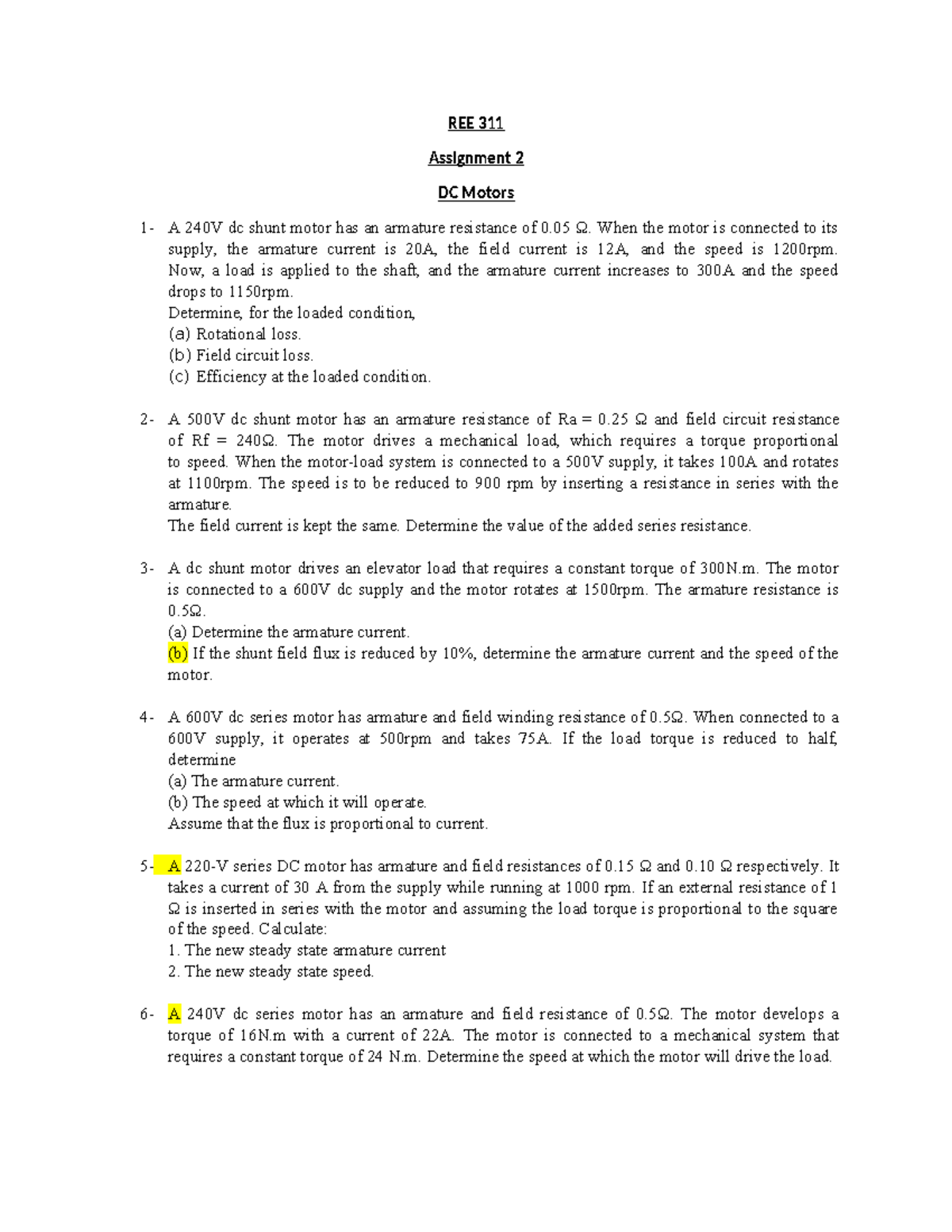 REE 311 Assignment 3 - REE 311 Assignment 2 DC Motors 1- A 240V dc ...