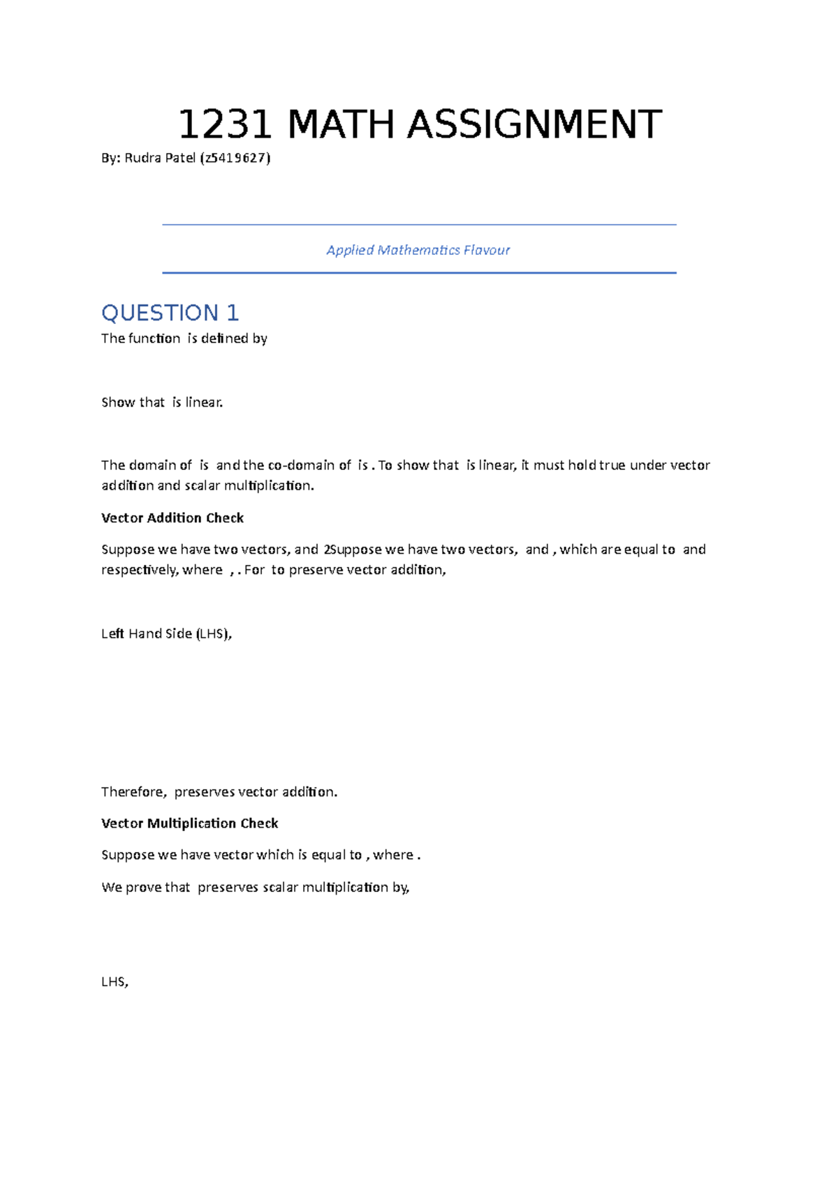 1231 MATH Assignmen 1 - By: Rudra Patel (z5419627)1231 MATH ASSIGNMENT Applied Mathematics ...