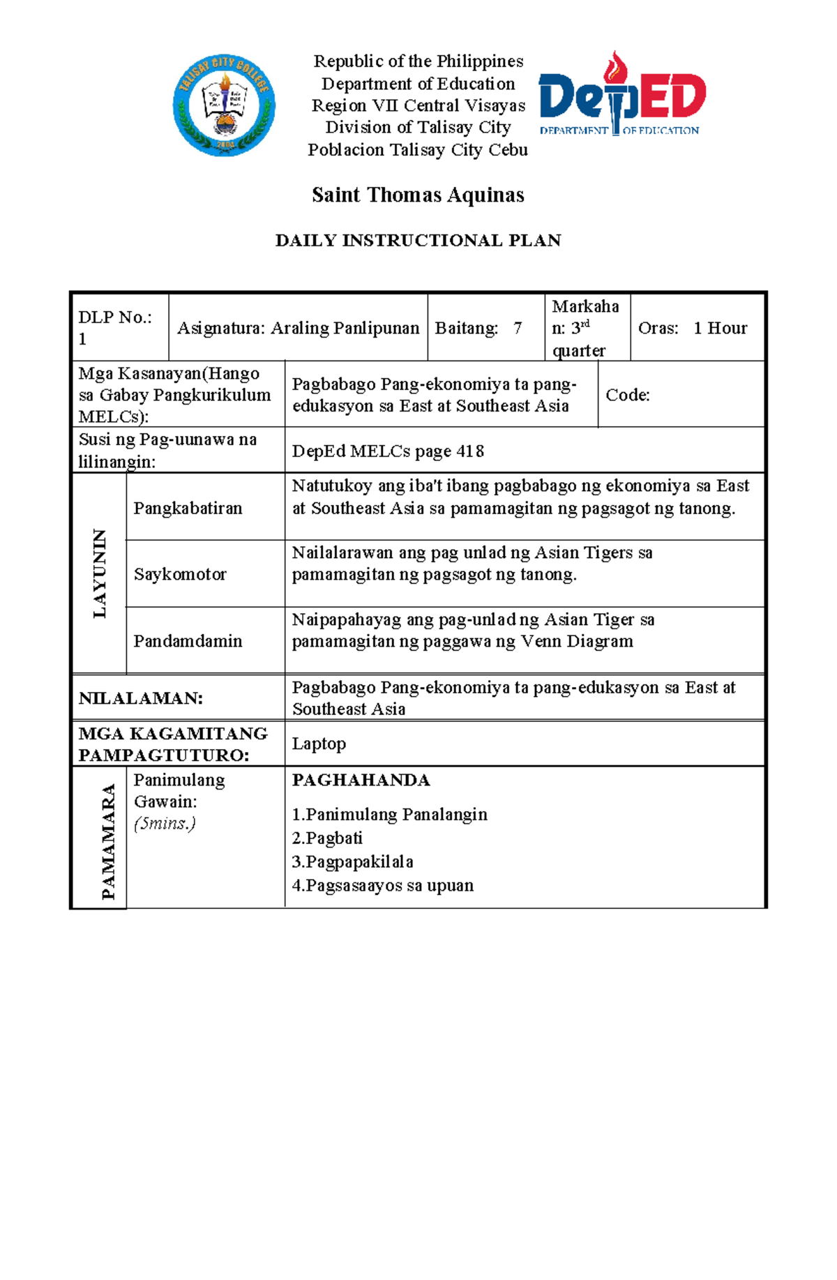 Grade 7 Aralin 19 - Republic of the Philippines Department of Education ...