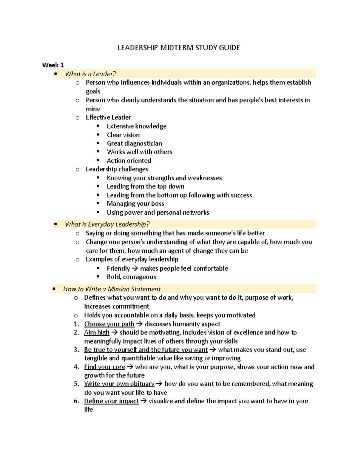 Leadership Midterm Study Guide - Professor Gordon - LEADERSHIP MIDTERM ...