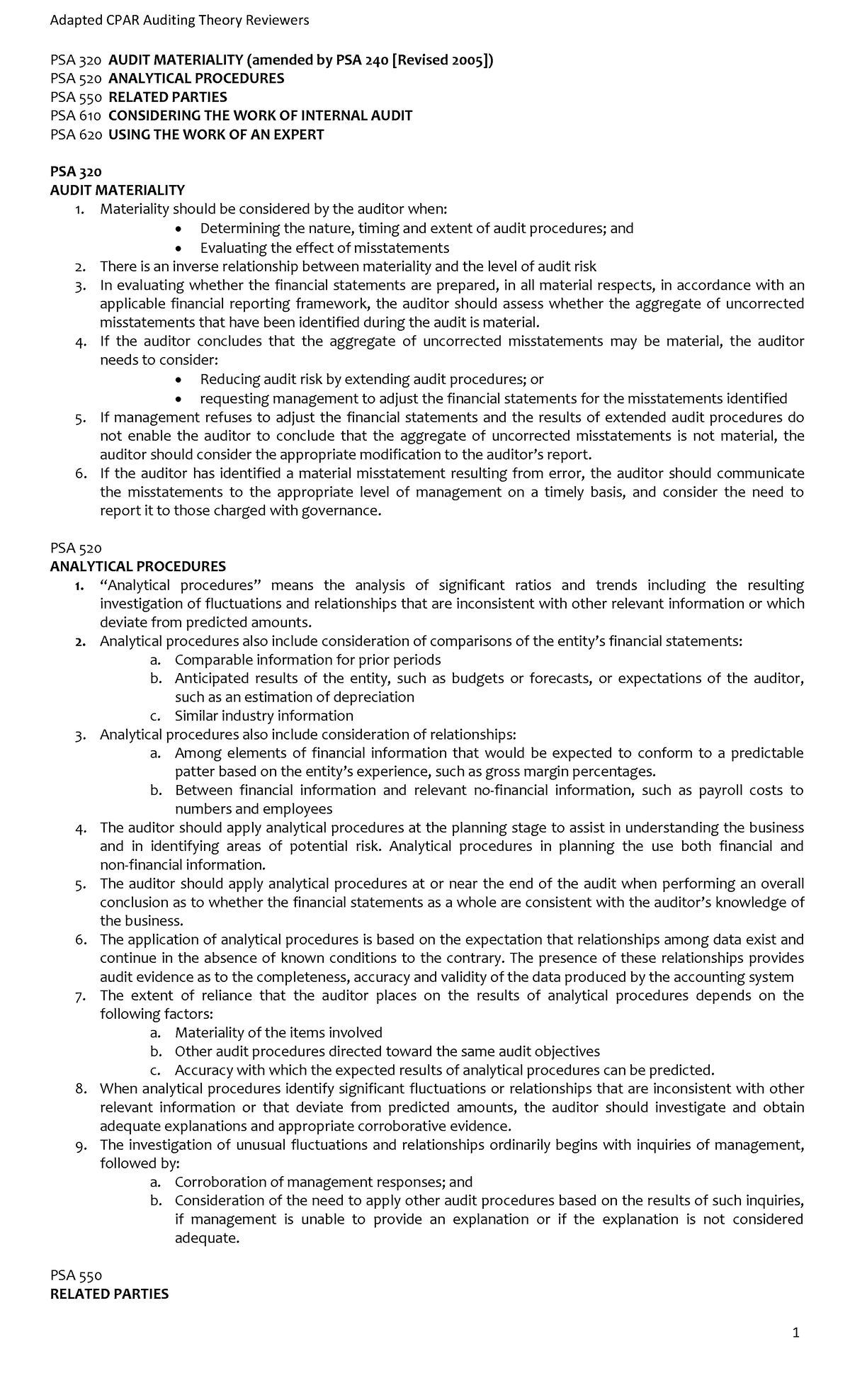 PSA 320 Audit Materiality - Adapted CPAR Auditing Theory Reviewers 1 ...