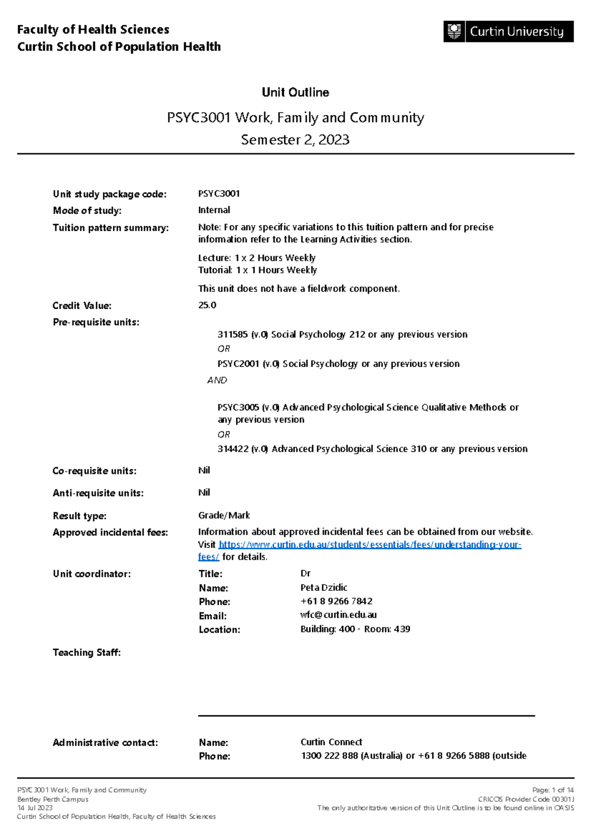 PSYC3001 Work, Family and Community Semester 2 2023 Bentley Perth ...