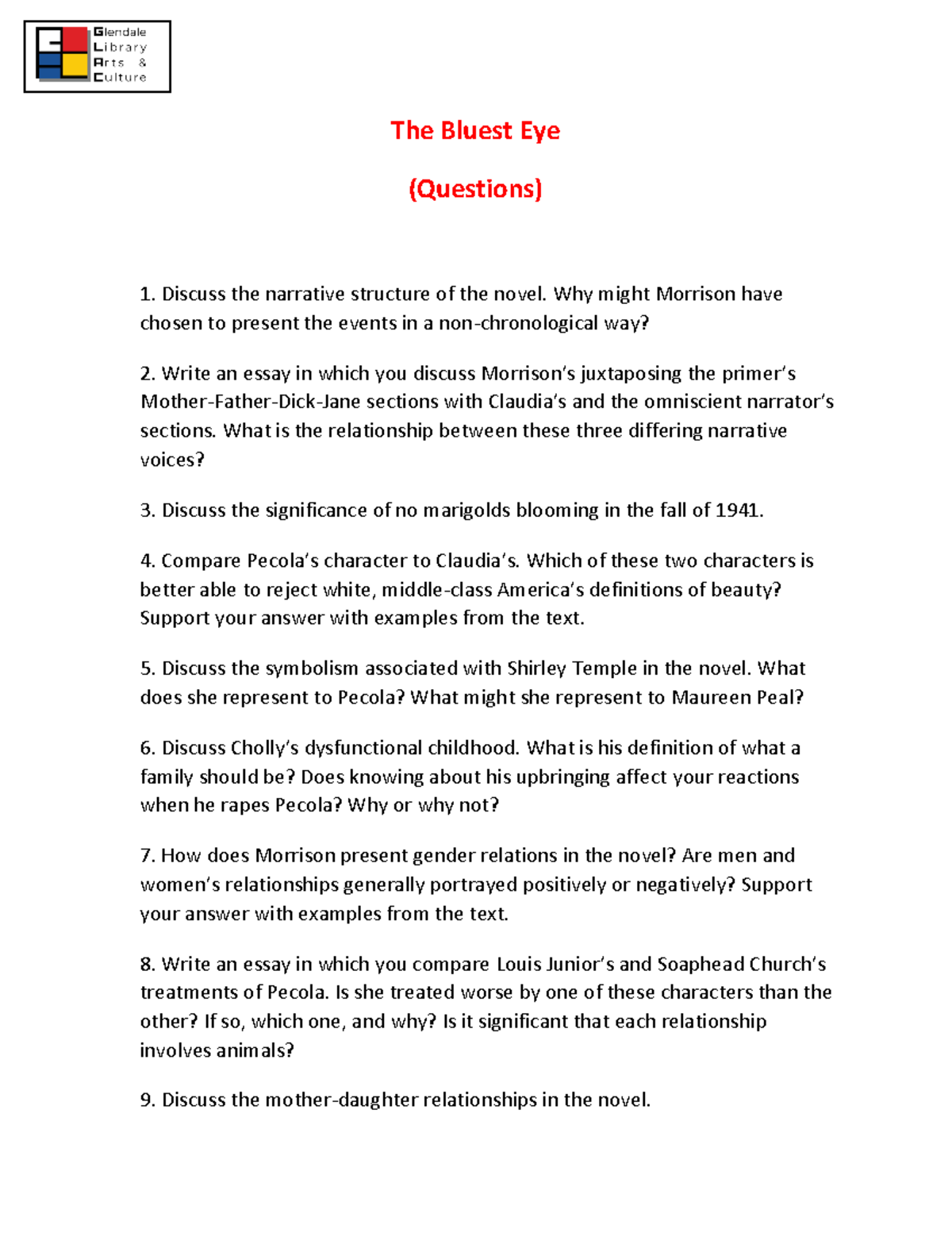 The+Bluest+Eye - The Bluest Eye (Questions) Discuss the narrative ...