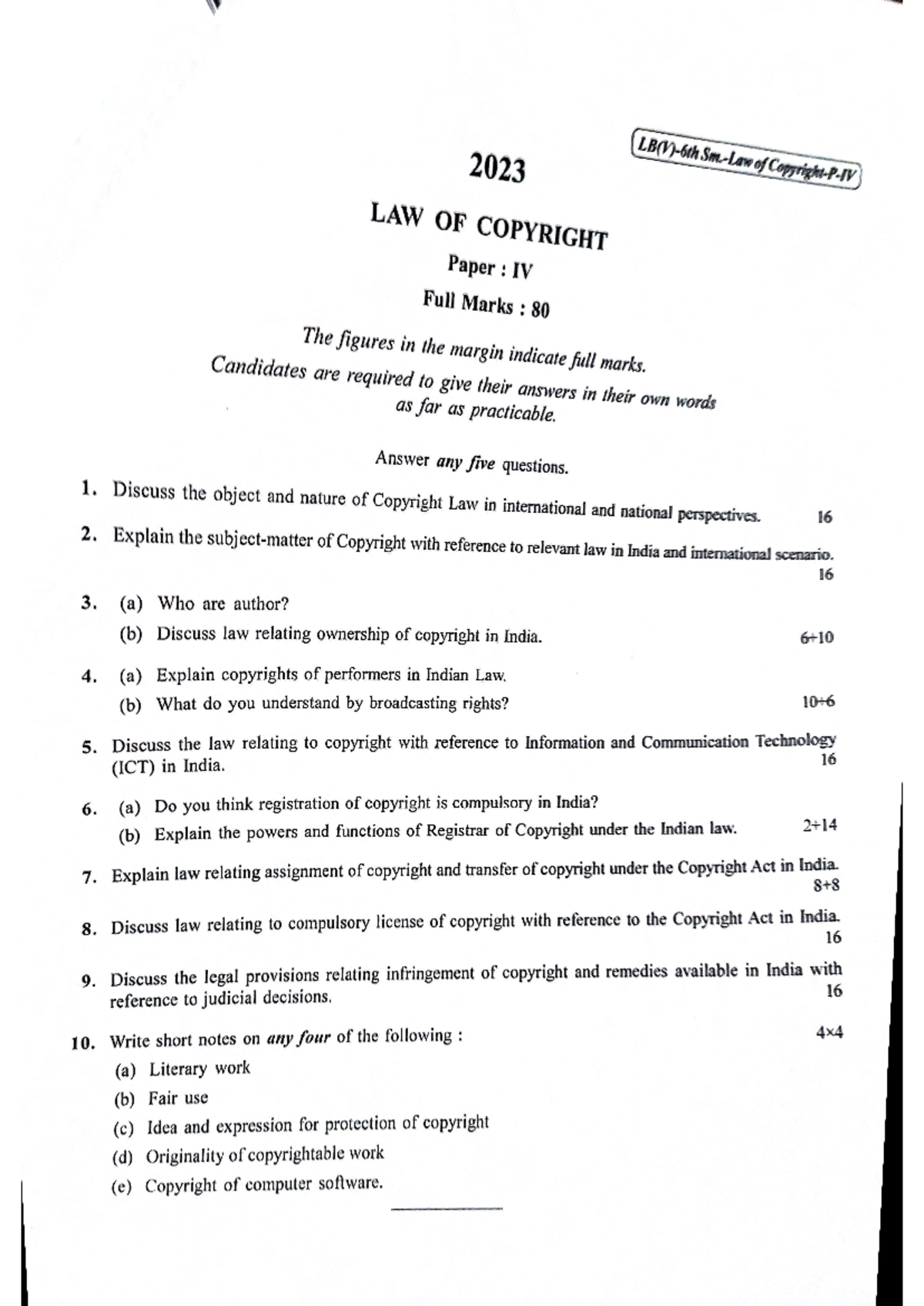Semester-6 question paper of CU - 2023 LB(V) 6th of LAW OF COPYRIGHT ...
