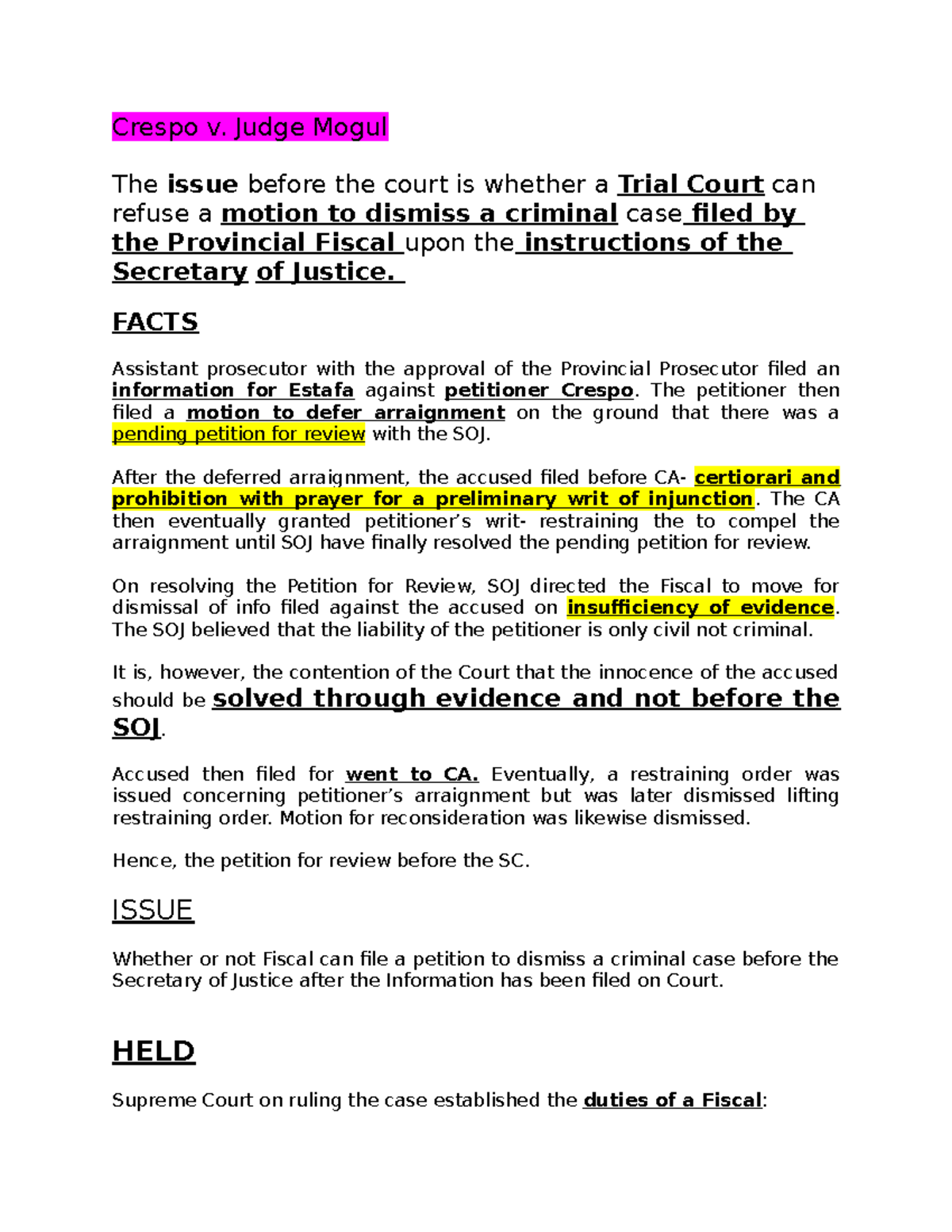 Crim Pro - CRIM PRO DIGESTS - Crespo v. Judge Mogul The issue before the court is whether a ...